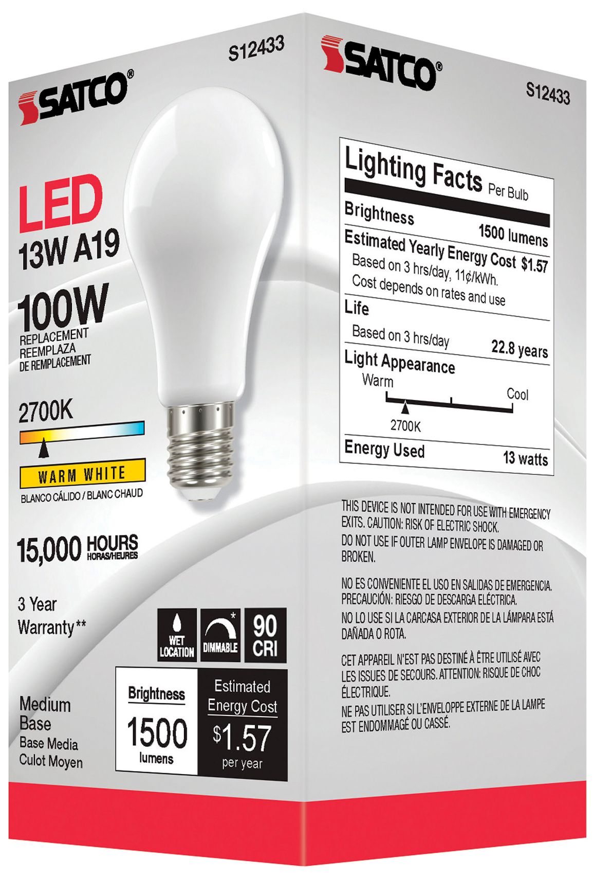 100W Equivalent Satco Soft White 13.5W LED Dimmable E26 A19 6-Pack - # ...