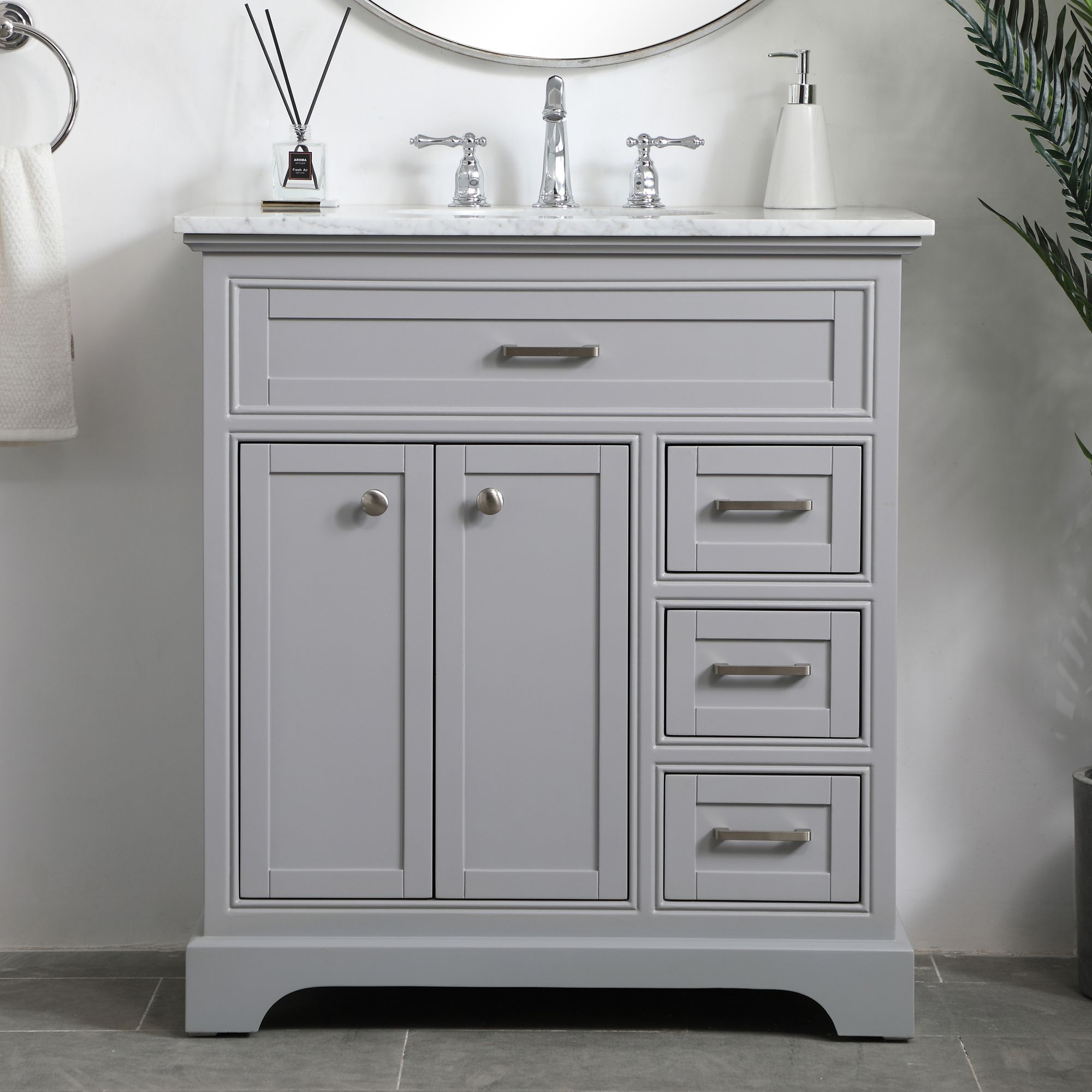 32 Inch Grey Single Sink Bathroom Vanity With Cararra White Marble Top