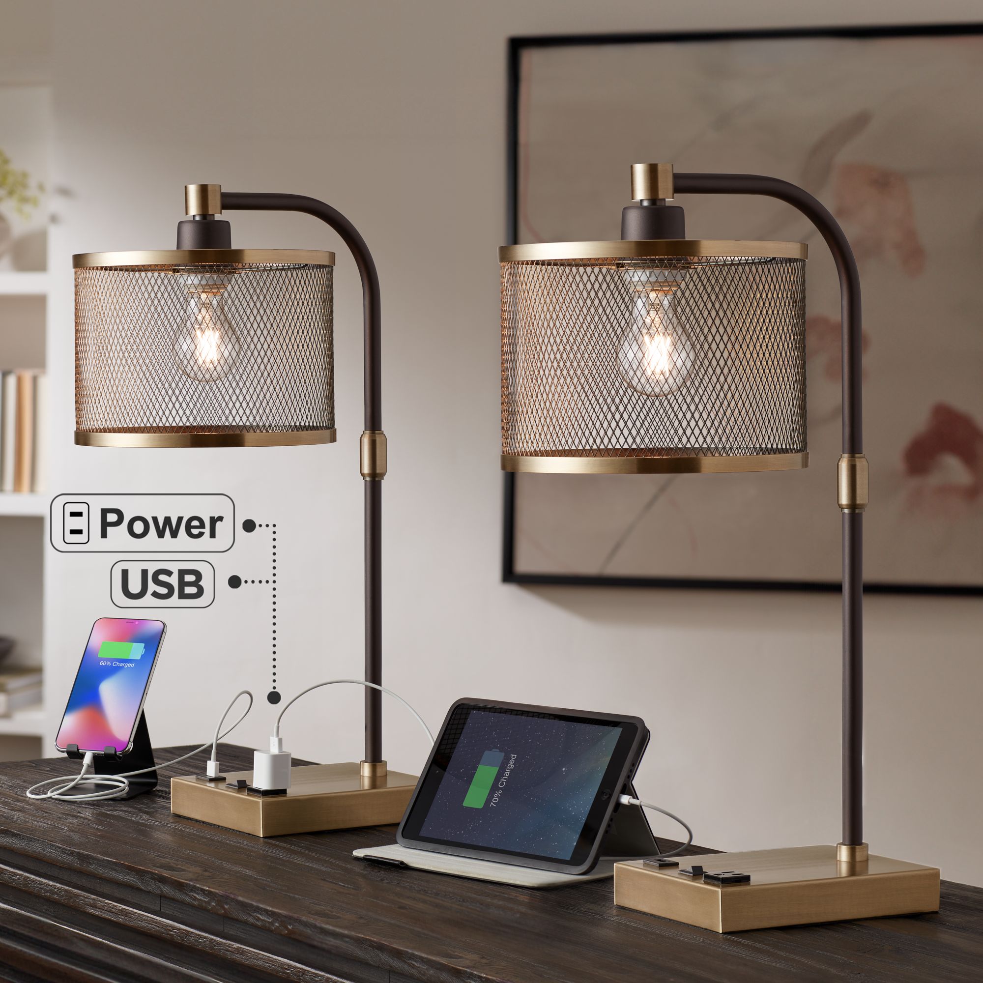 360 Lighting 22 1/4" Black Brass USB and Outlet Desk Lamps Set of 2 ...