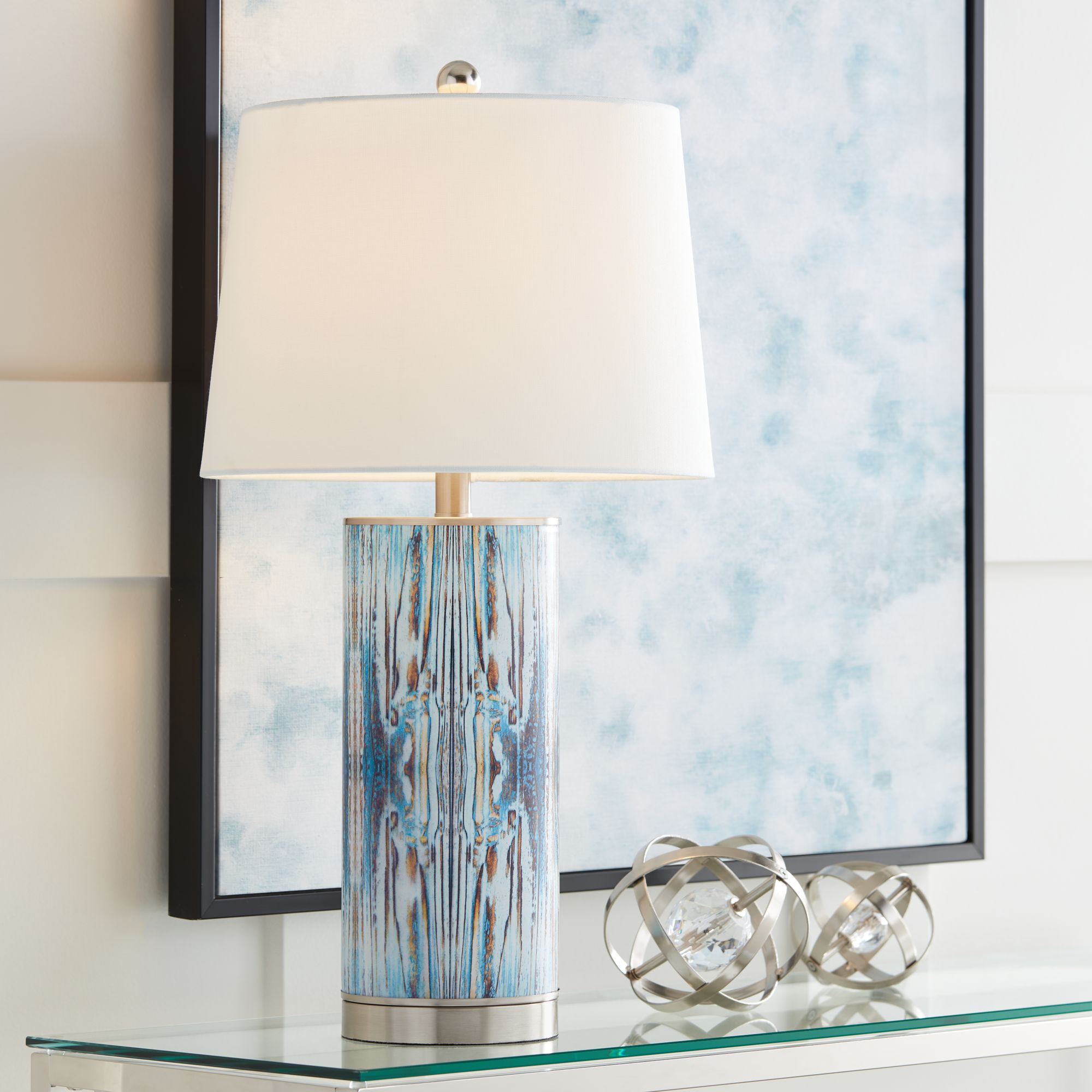 360 Lighting 26 1/2" Blue Wood Pattern Table Lamp with Night Light ...