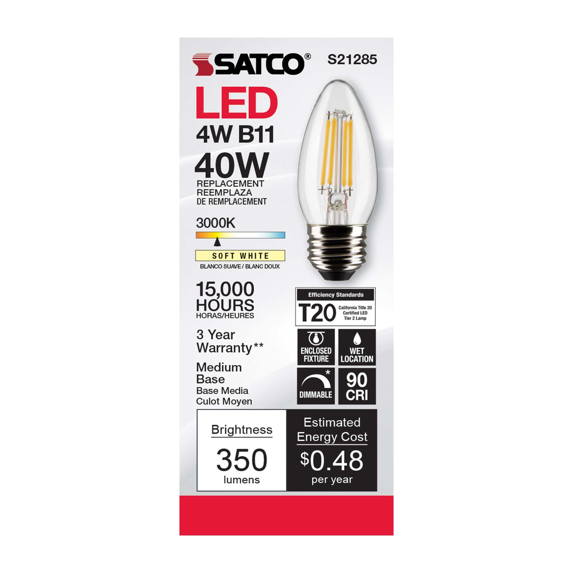 40W Equivalent Satco Clear 4W LED Dimmable Standard B11 Bulb - #1256P ...