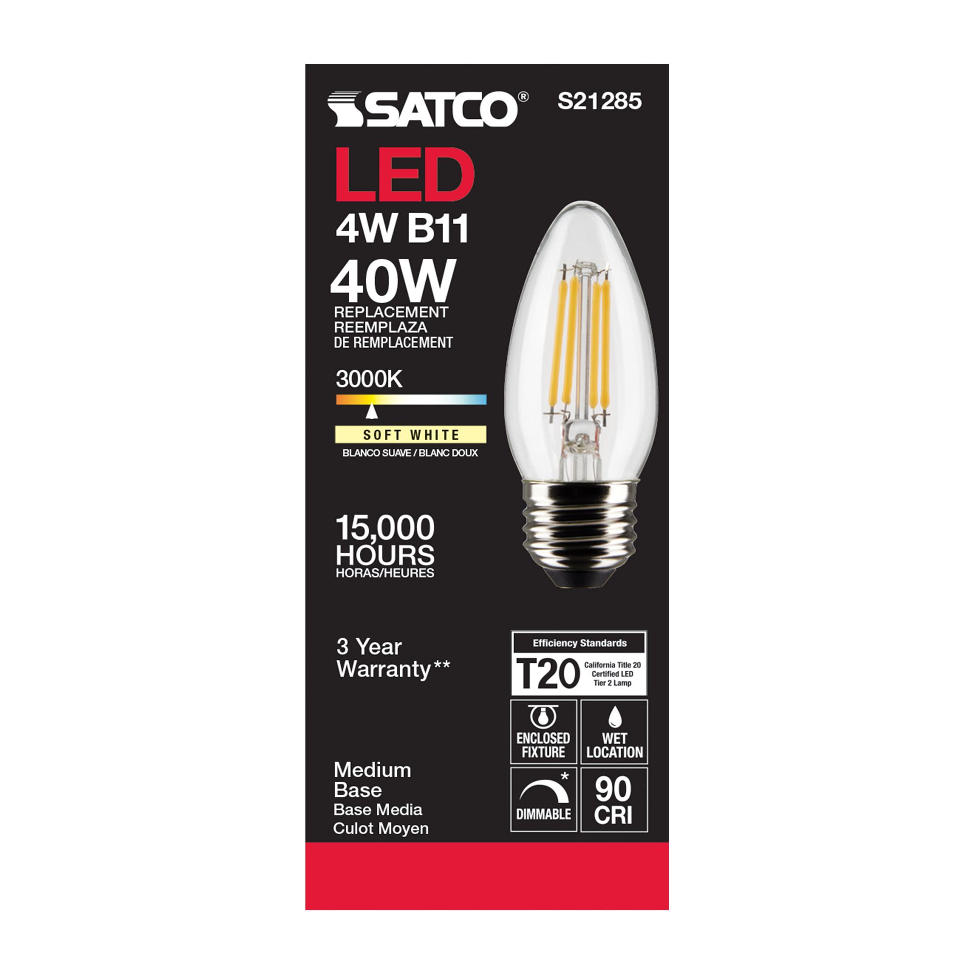 40W Equivalent Satco Clear 4W LED Dimmable Standard B11 Bulb - #1256P ...