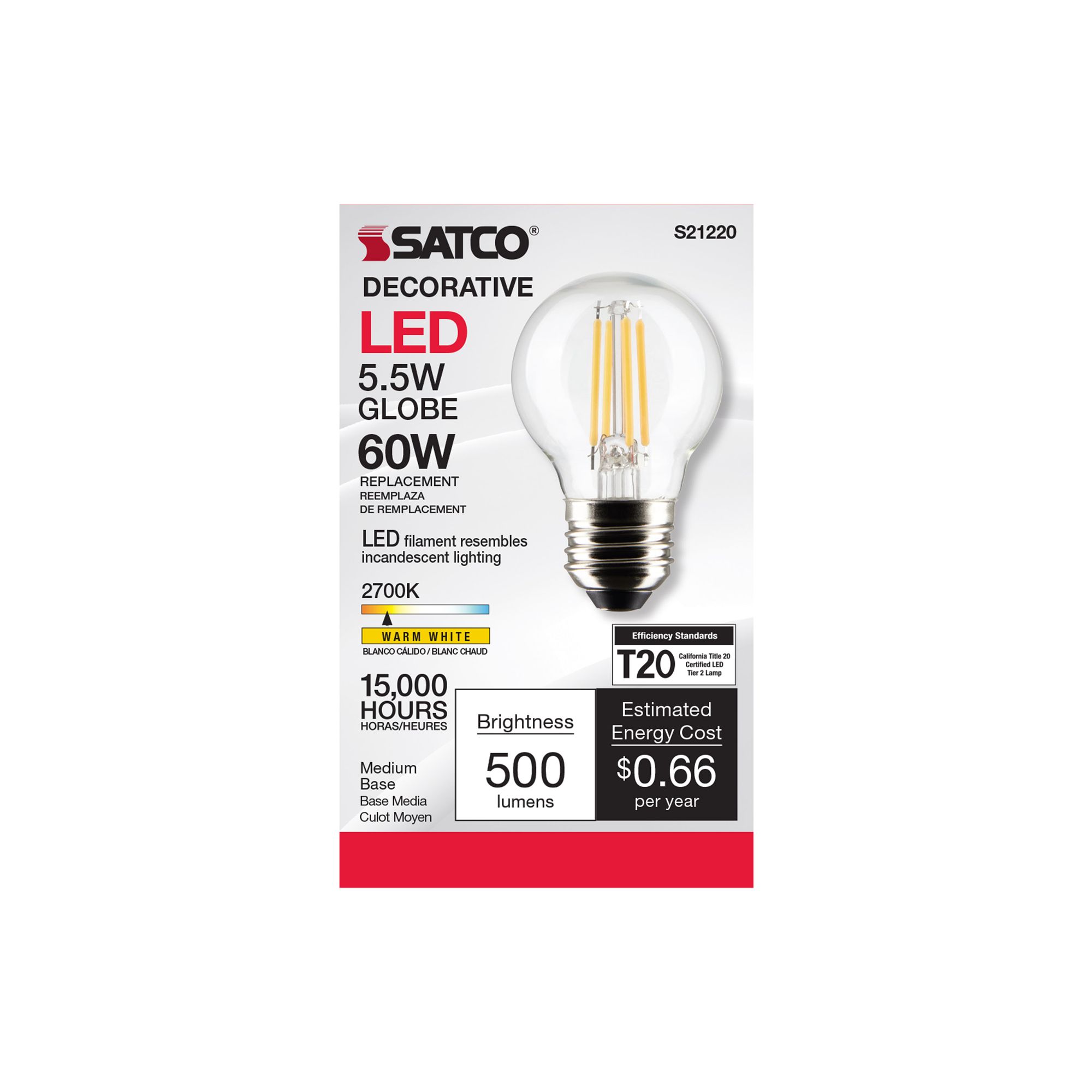60W Equivalent Satco Clear 5.5W LED Dimmable Standard Bulb - #1310P ...