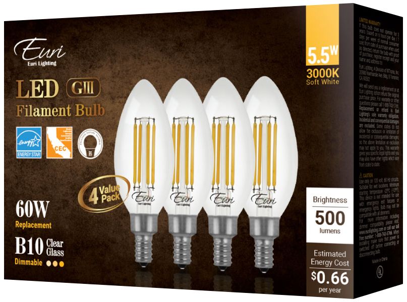 60W Equivalent Torpedo 5.5W LED Filament Candelabra 4-Pack by Tesler ...