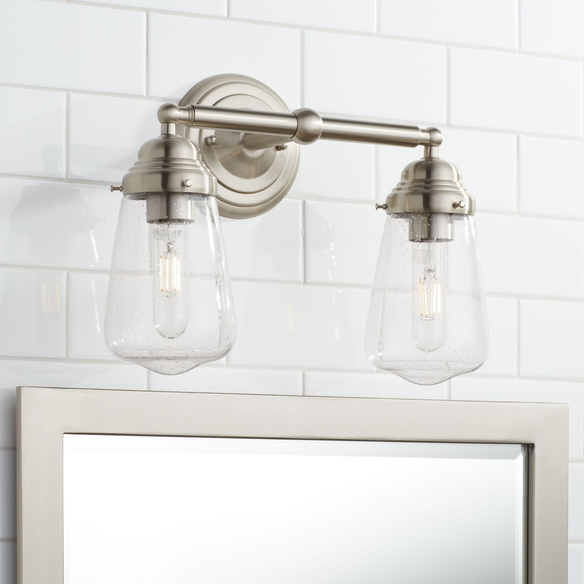 Brushed Nickel, 2 Lights, Farmhouse, Bathroom Lighting | Lamps Plus