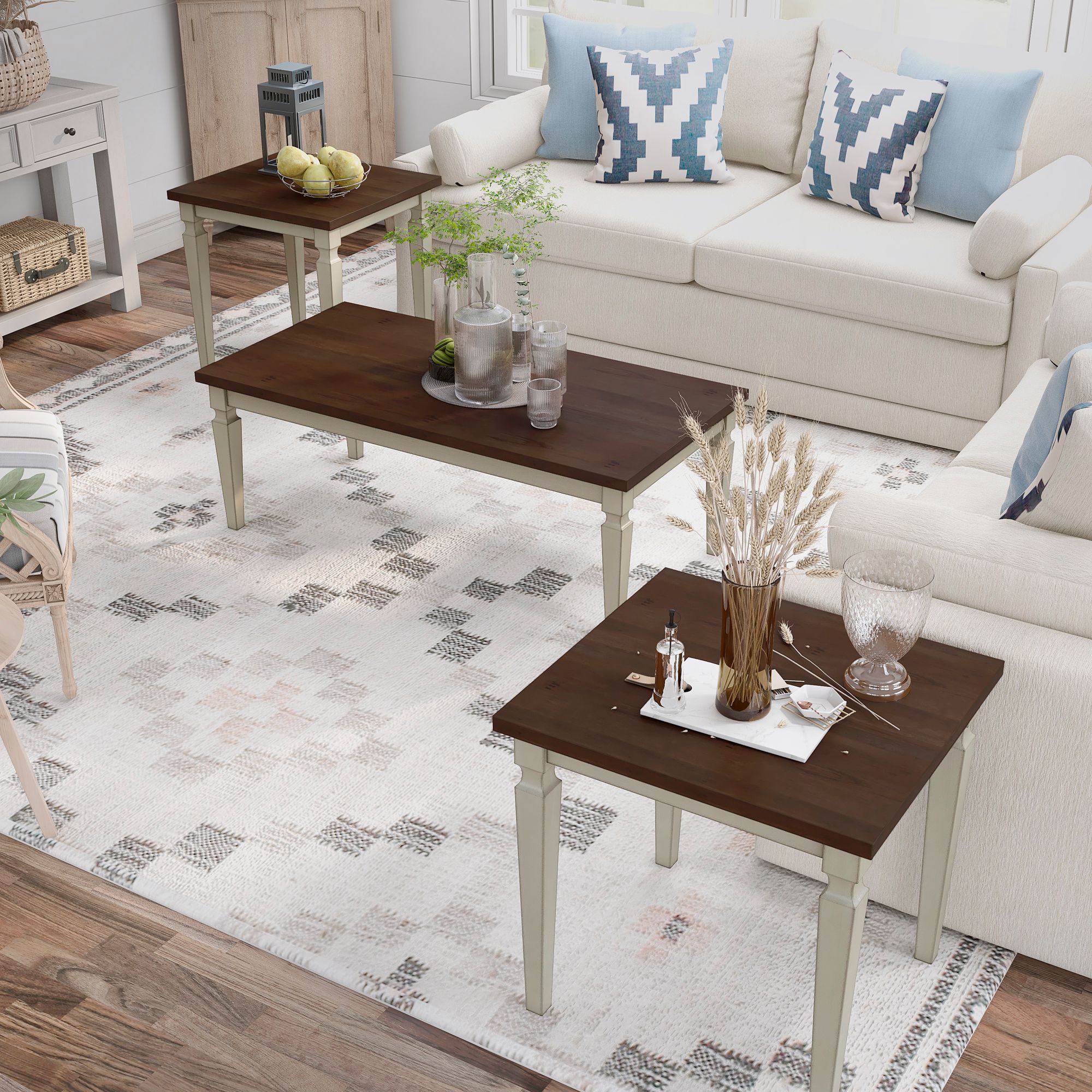 Shideler Antique White and Brown 3 Piece Coffee Table Set 903M2 Lamps Plus