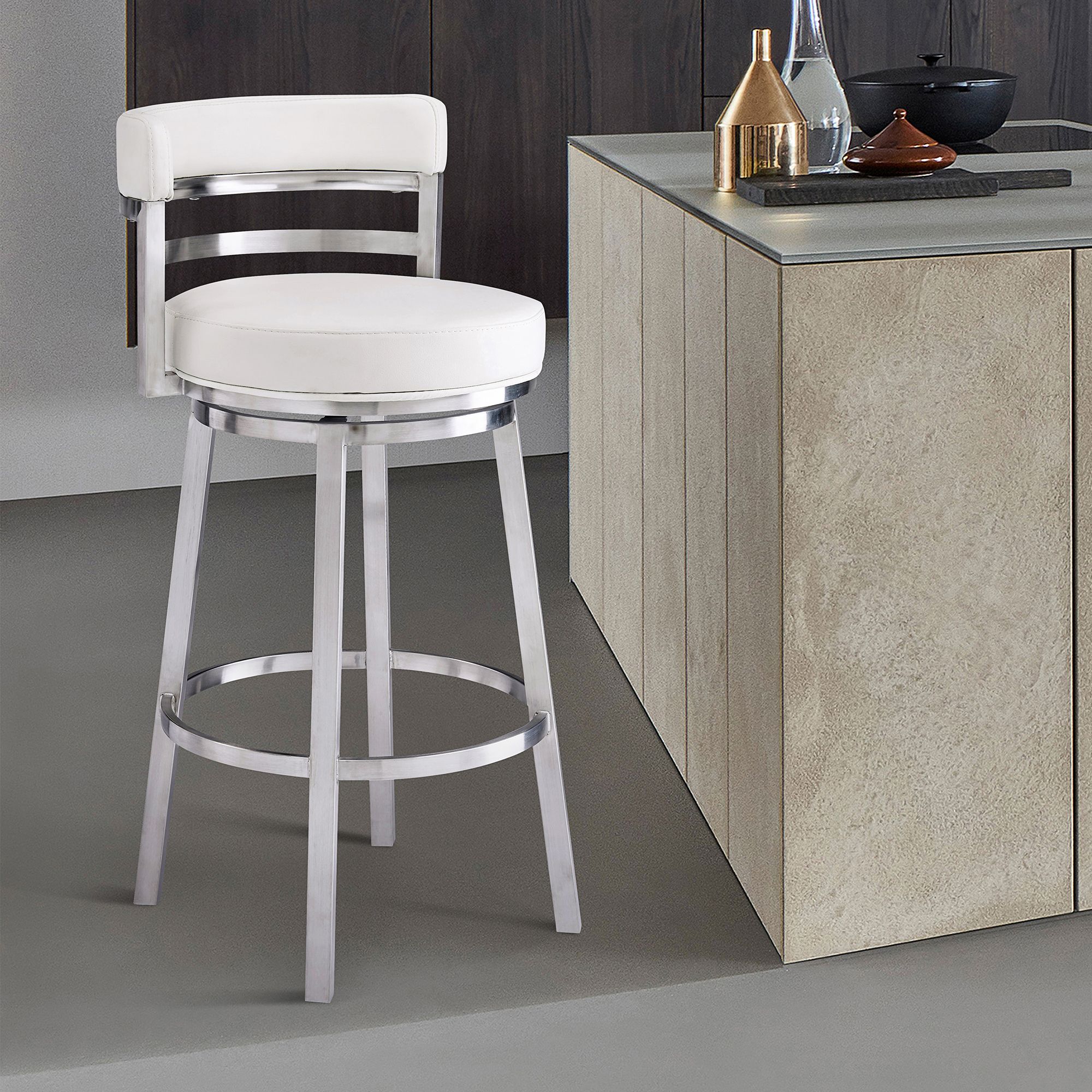 Armen Living Madrid 26 White Faux Leather Swivel Counter Stool
