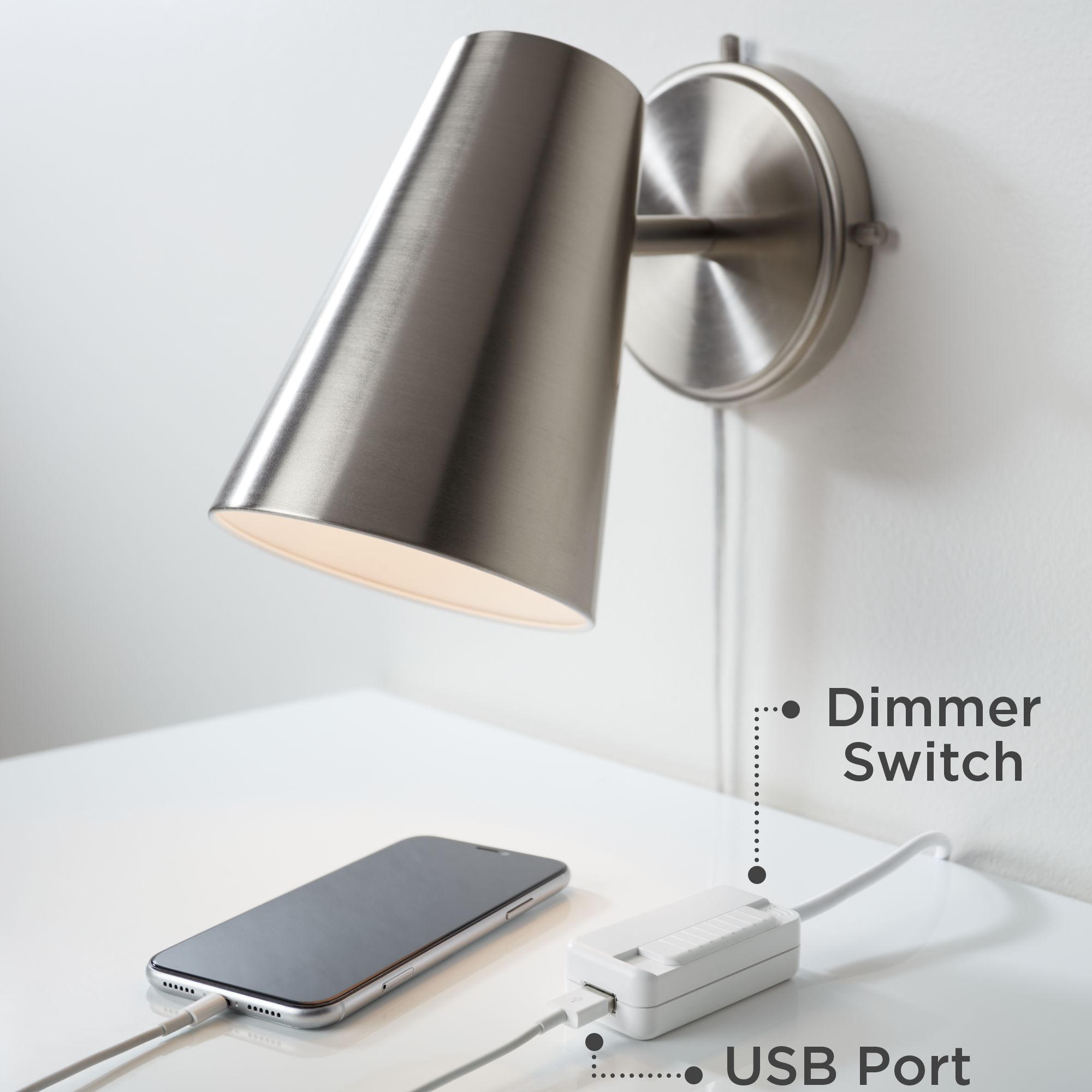 Aundria Rectangular Brushed Nickel Plug-In Wall Lamp with USB Dimmer ...