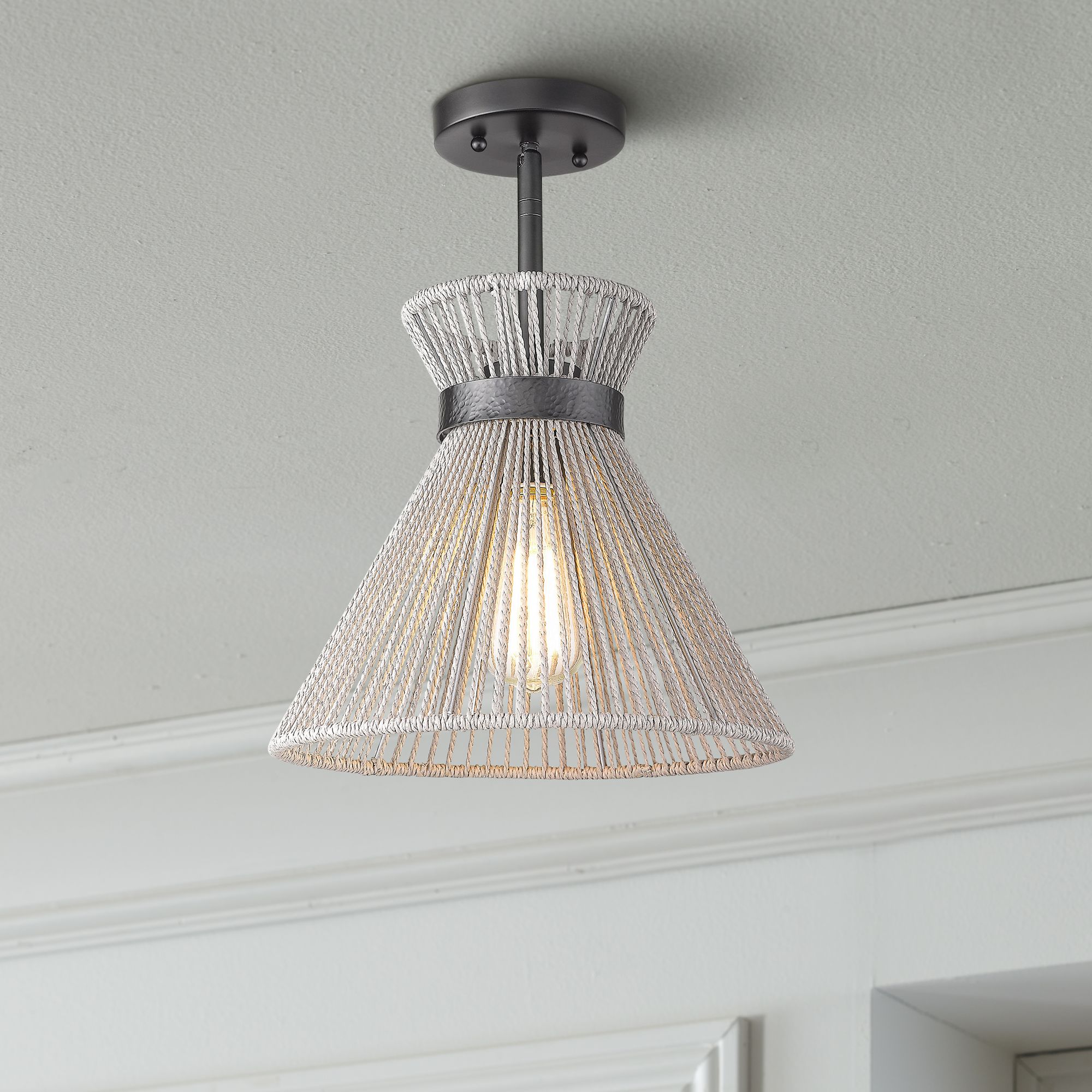 Avon 12" Wide Matte Black Bleached Raphia Rope Ceiling Light - #172A0 ...