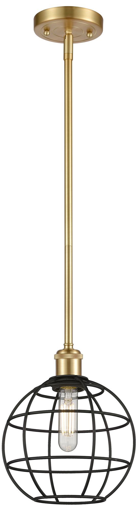 Ballston Lake Placid 8"W Satin Gold Stem Hung Pendant With Black Shade ...