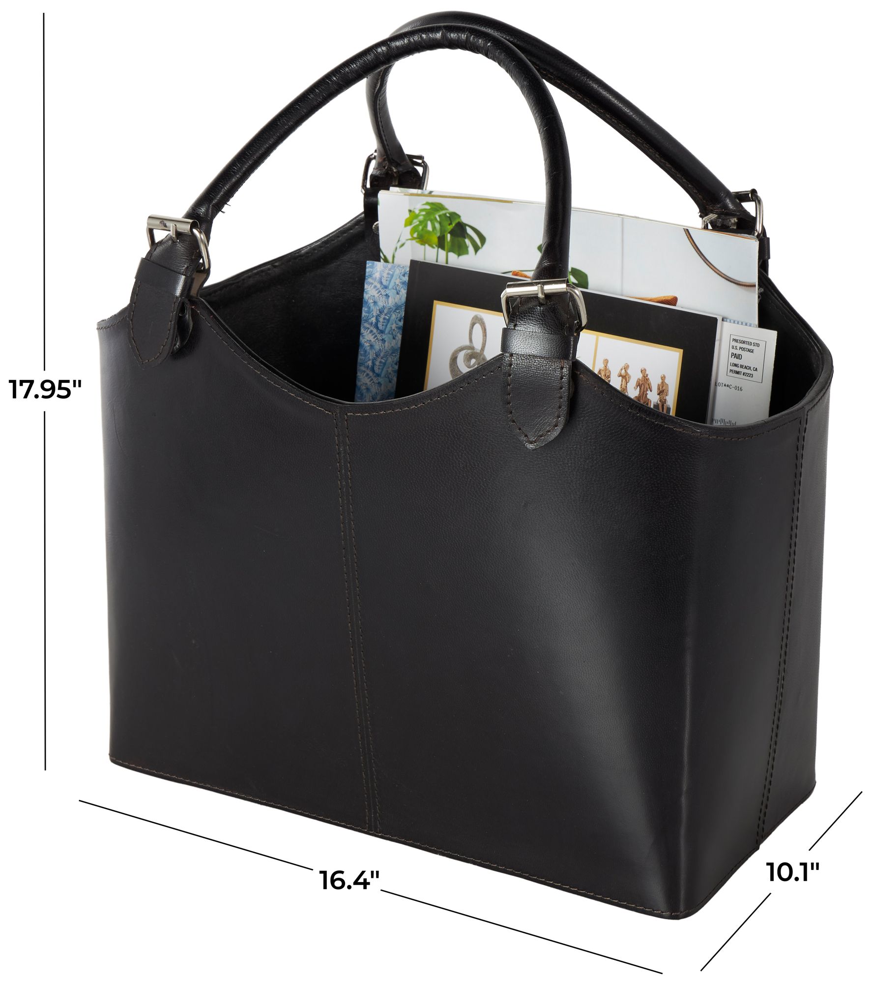 Black Leather Modern Magazine Holder, 16" x 10" x 18" - #0493X | Lamps Plus