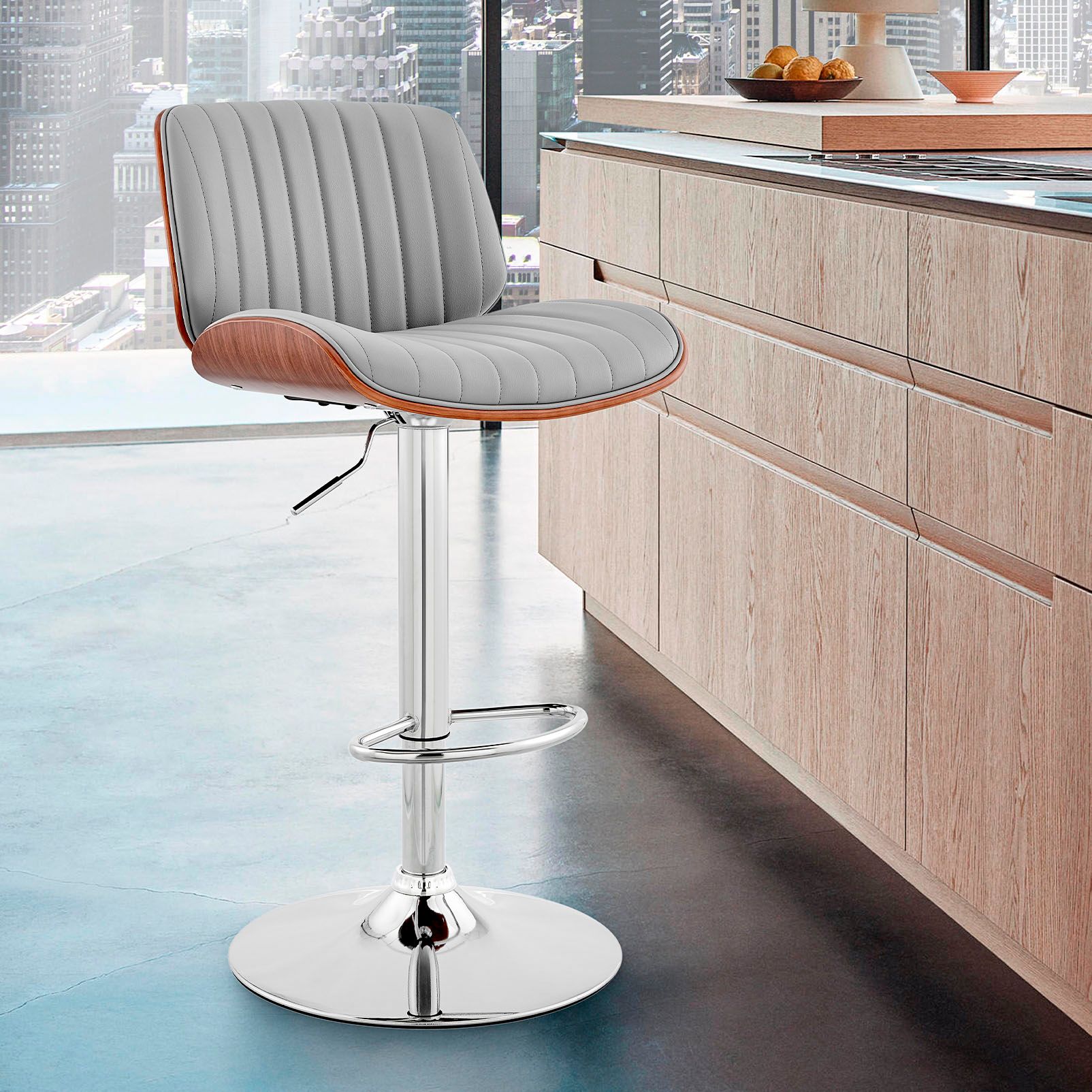 Brock Gray Faux Leather Walnut Wood w Chrome Base Bar Stool