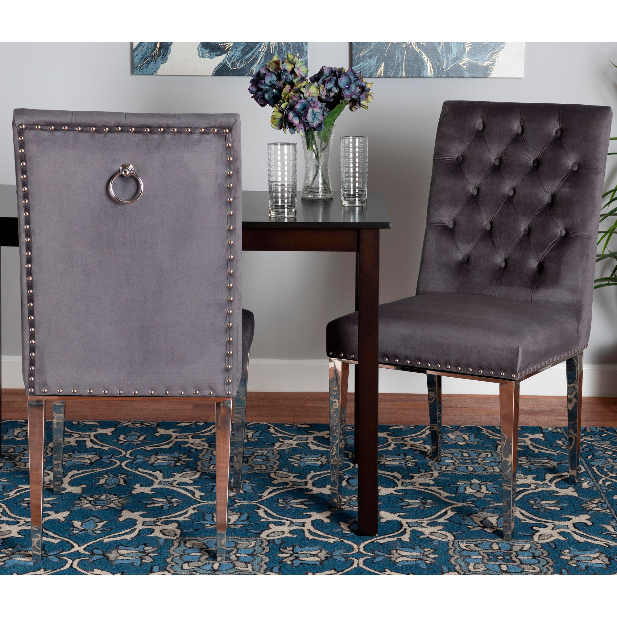Caspera Gray Velvet Fabric Tufted Dining Chairs Set of 2 - #858W4 ...