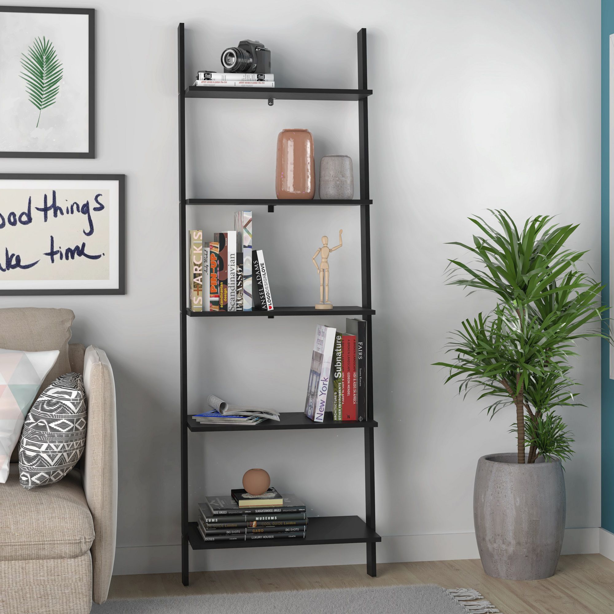 Cooper 72 1/4" High Black 5-Shelf Ladder Bookcase - #85Y80 | Lamps Plus