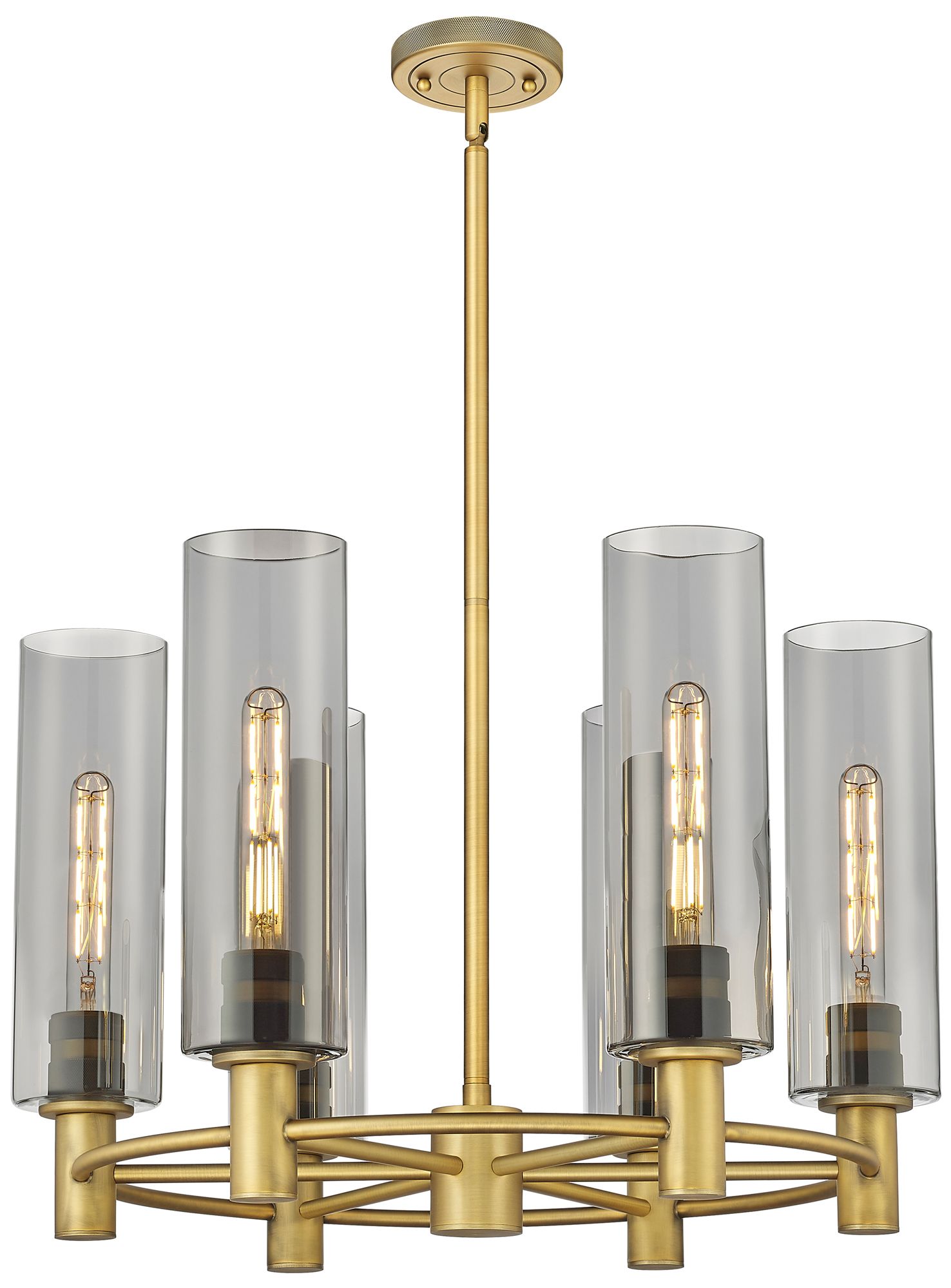 Crown Point 24"W 6 Light Brushed Brass Stemmed Chandelier w/ Smoke Sha ...