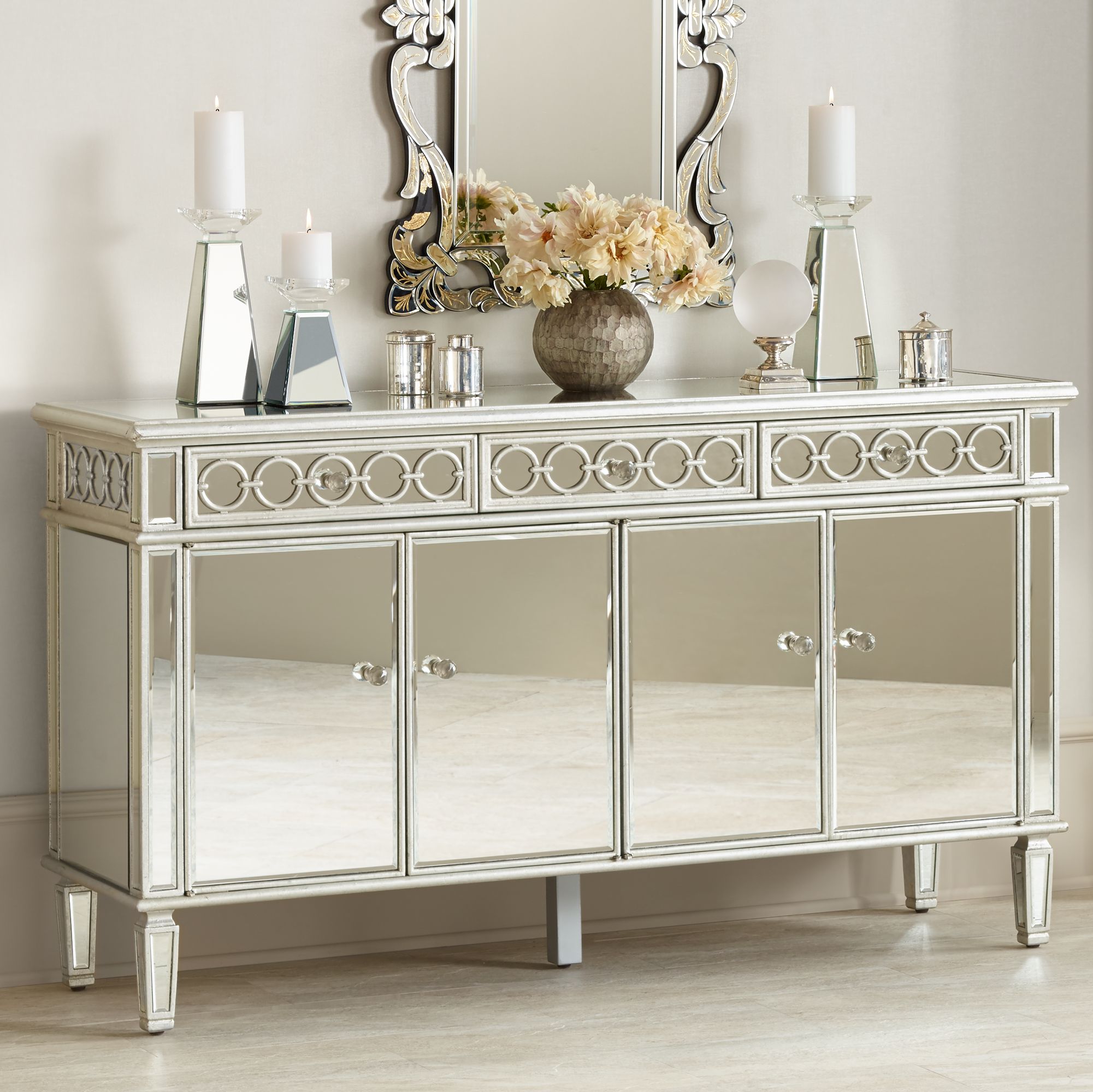 Elizabeth 60 Wide 4 Door Silver Mirrored Buffet Cabinet 7Y987 Lamps Plus