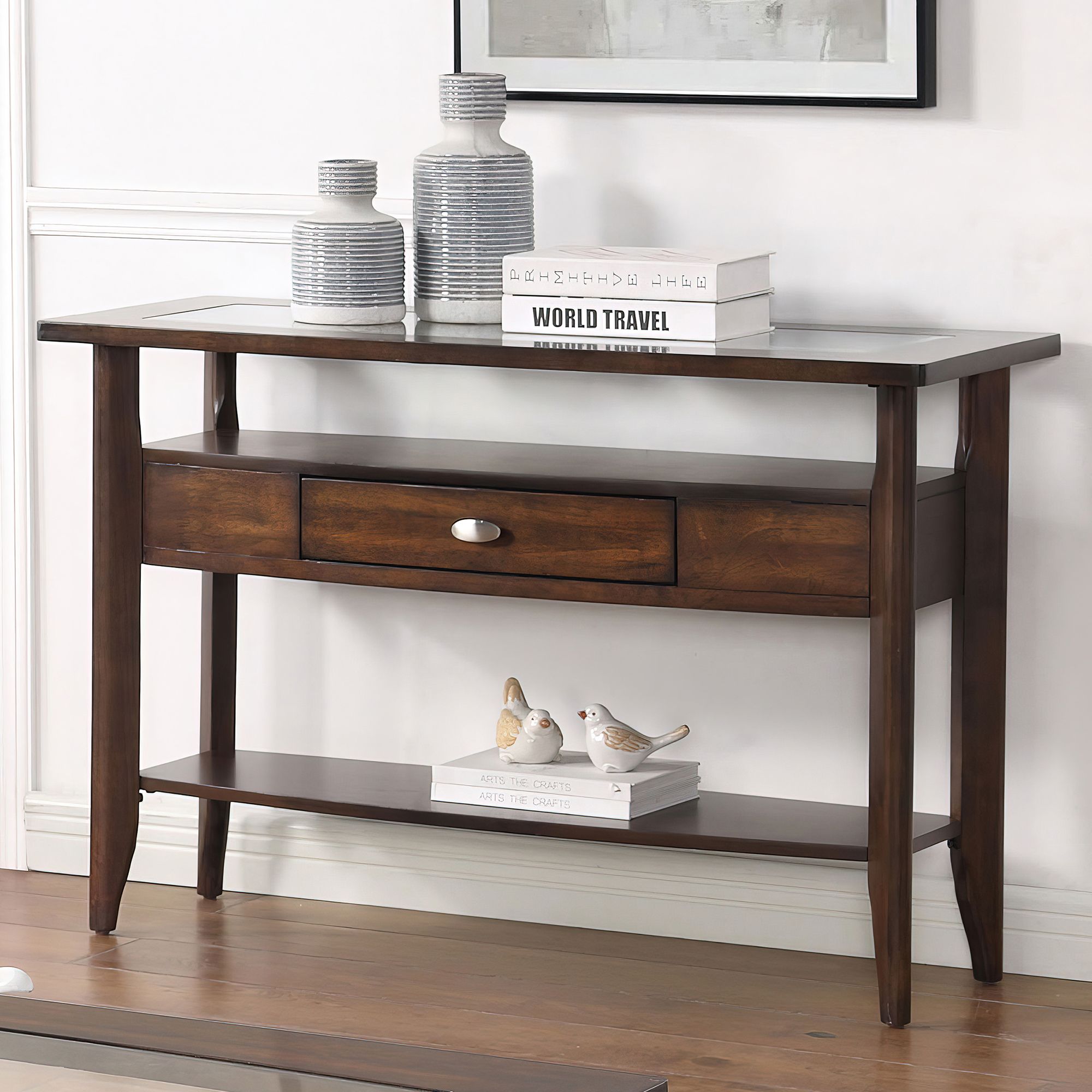 Eski 44 Wide Dark Walnut 1 Drawer 2 Shelf Console Table