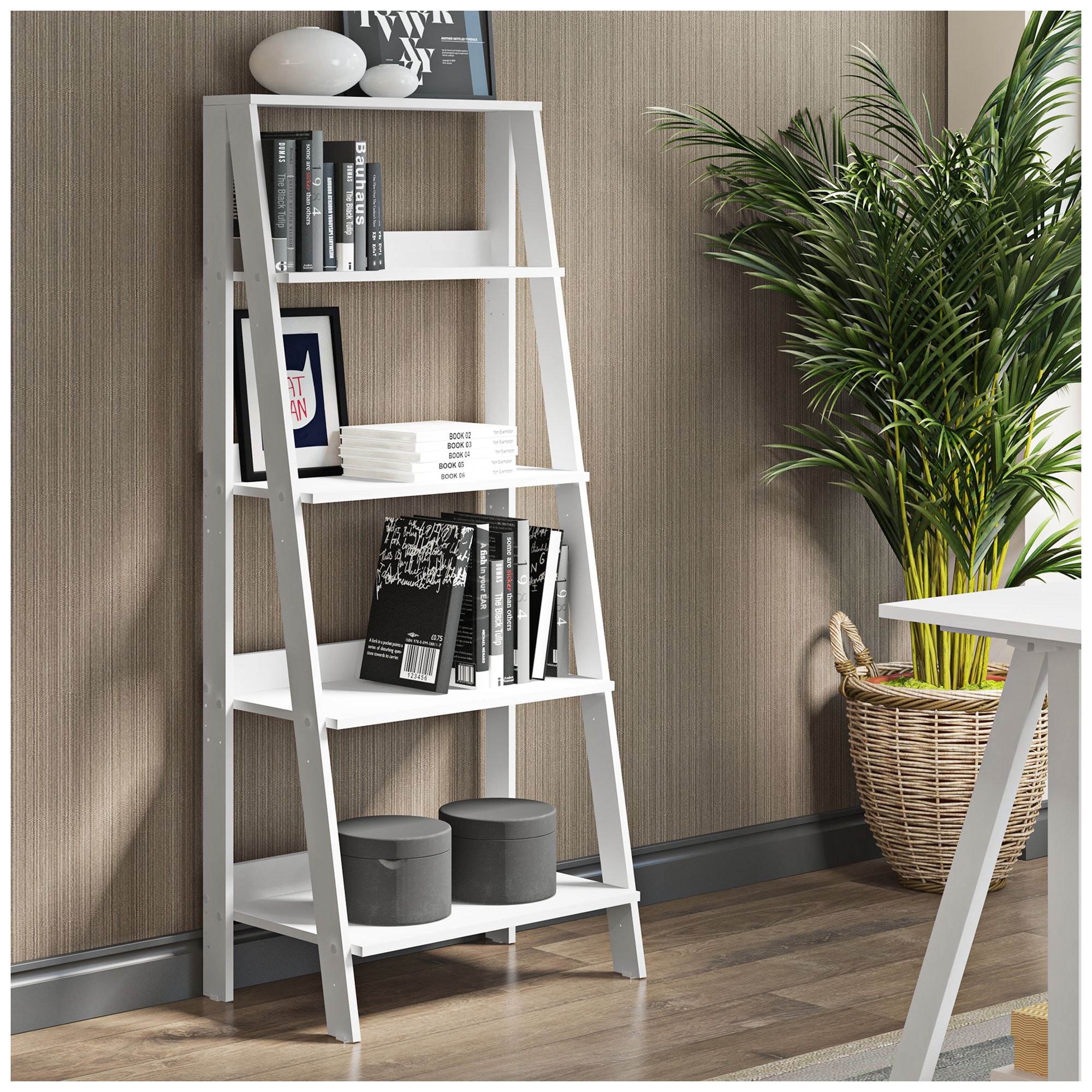 Fargo 55" High White Wood 4-Shelf Ladder Bookshelf - #24W73 | Lamps Plus