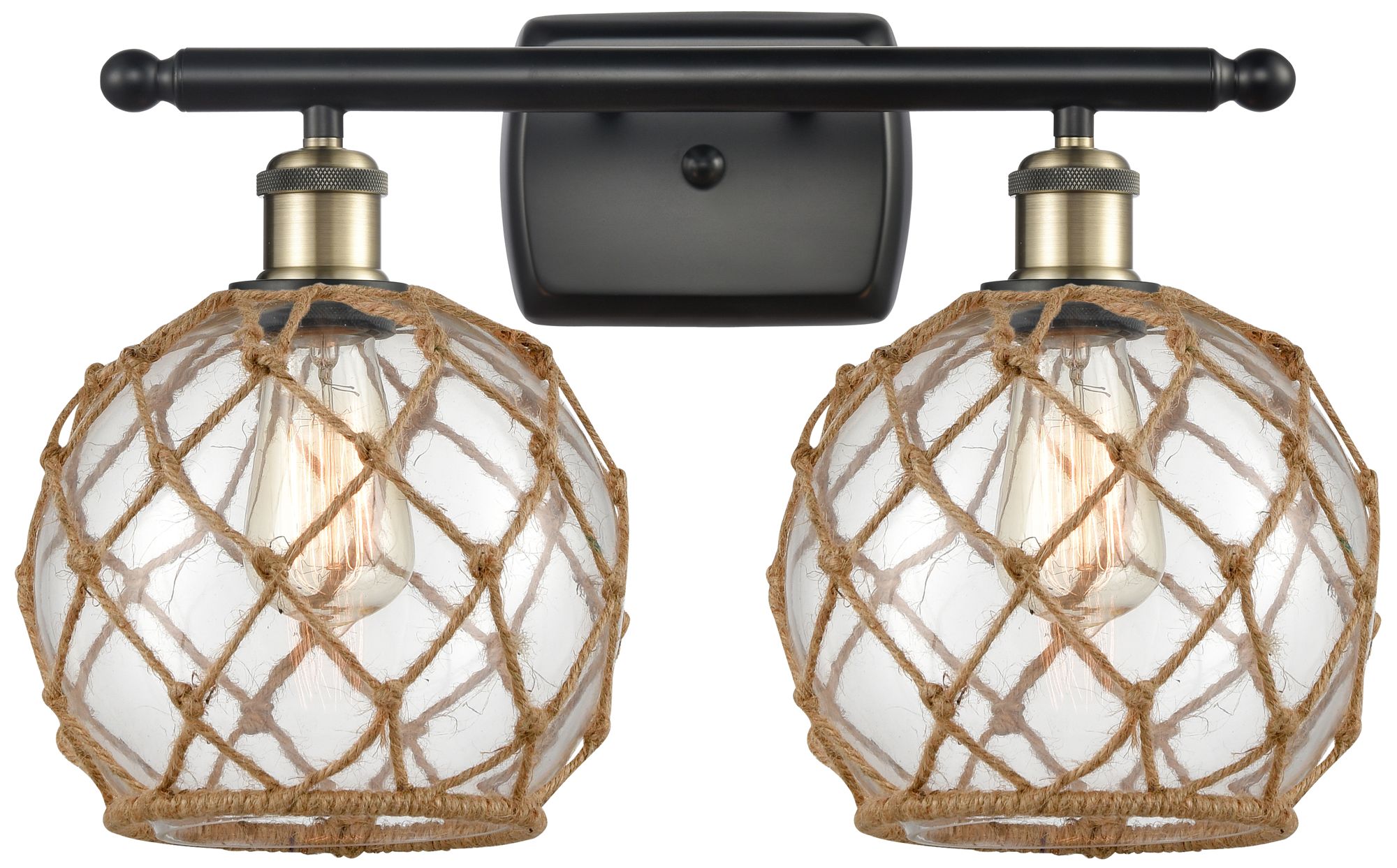 Farmhouse Rope 16"W 2 Light Black Brass Bath Light w/ Clear and Brown ...