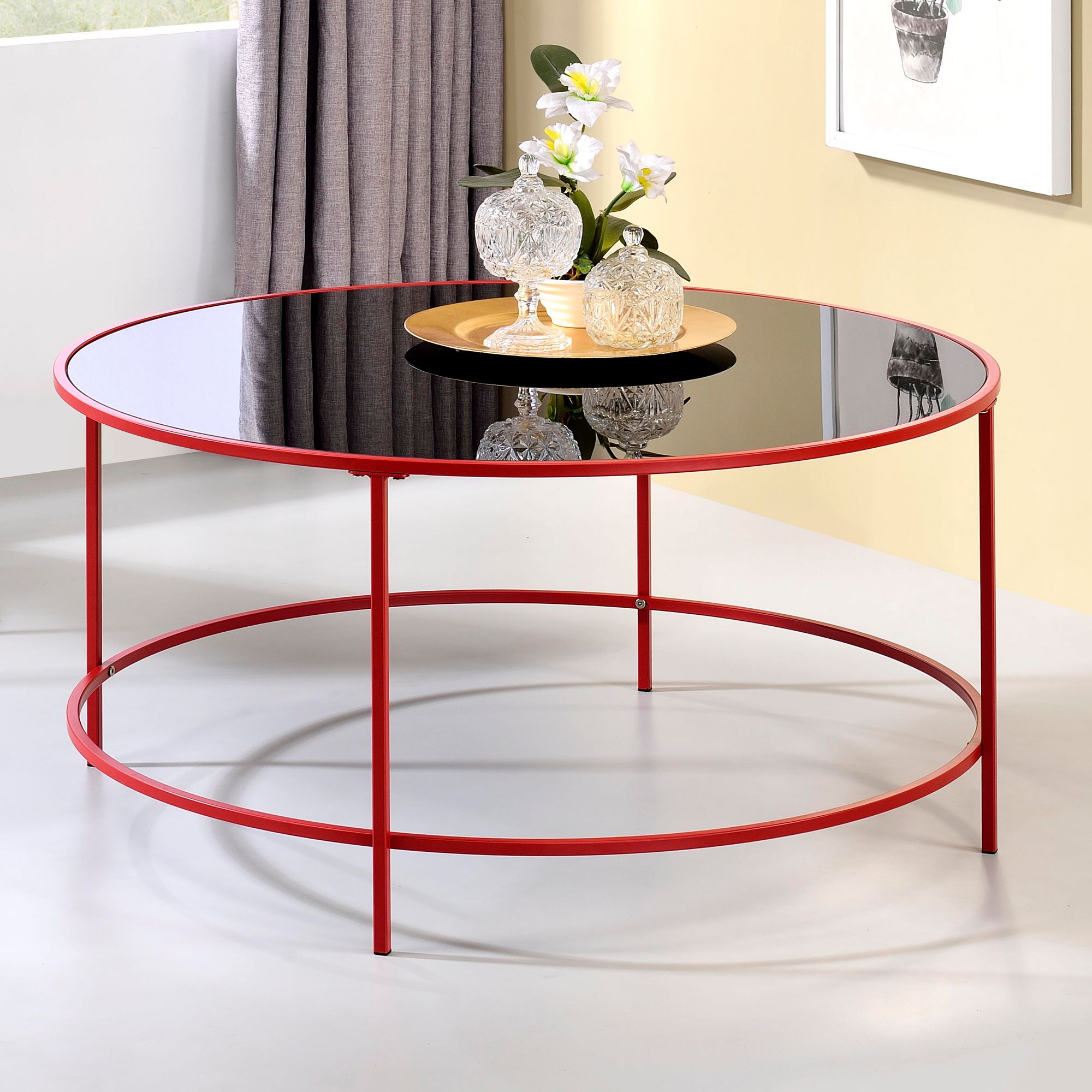 Fontayn 36 Wide Red Metal Black Glass Round Coffee Table