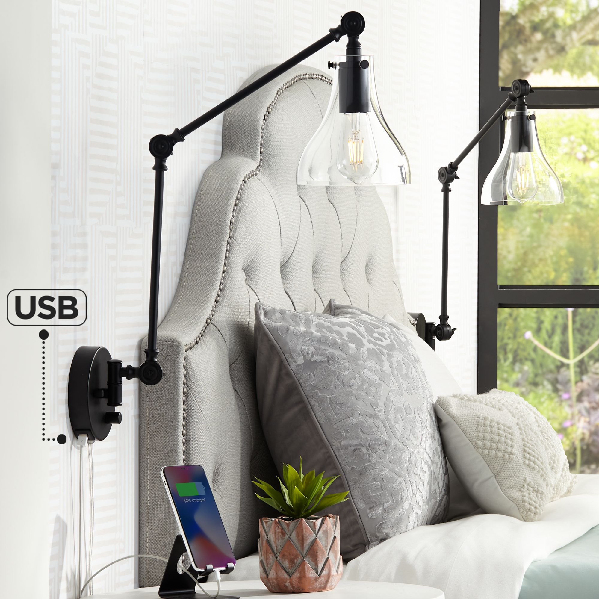 Franklin Iron Works Lobo Plug-In Swing Arm USB Wall Lamps Set of 2 ...