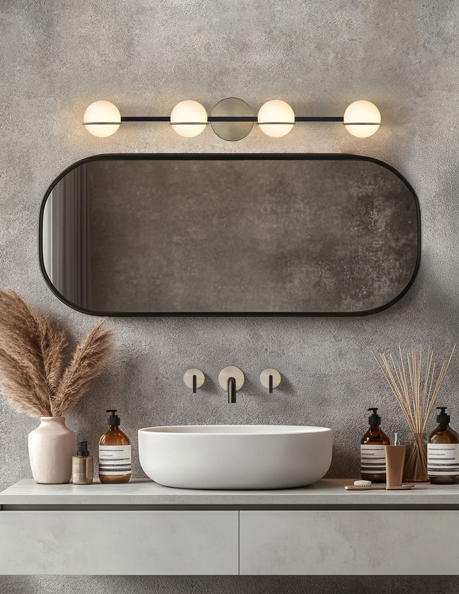 Fusion Centric 14 1/4"W Black and Brass 4-Light Bath Light - #2366M | Lamps Plus