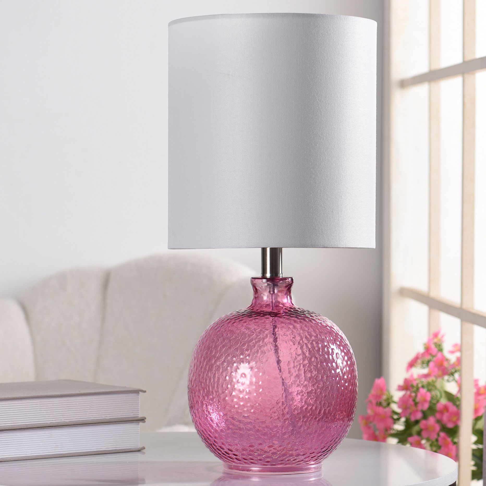 Glass Table Lamp - Bright Purple Finish - White Hardback Fabric Shade ...