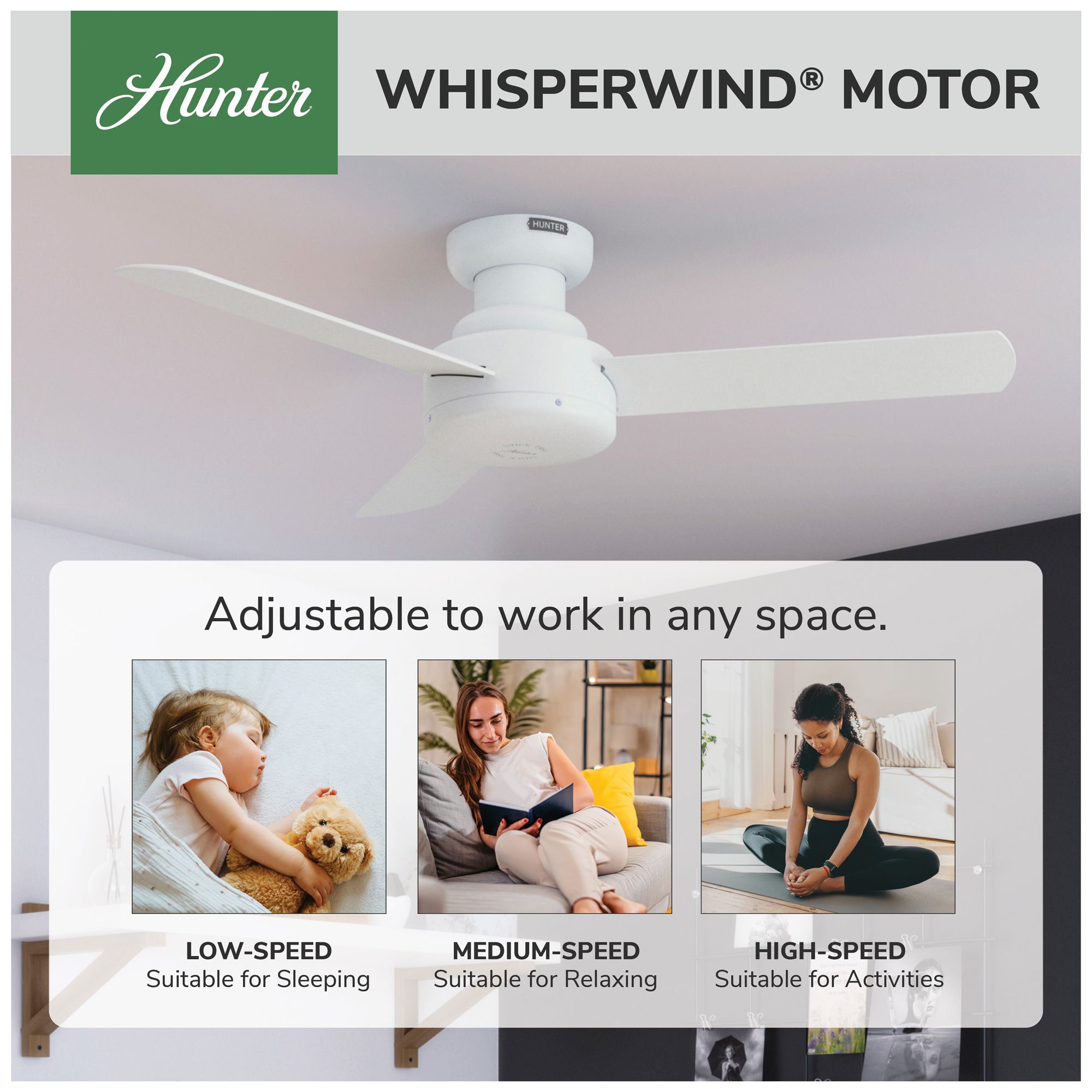 Hunter 44 inch Presto Matte White Low Profile Ceiling Fan and Wall ...