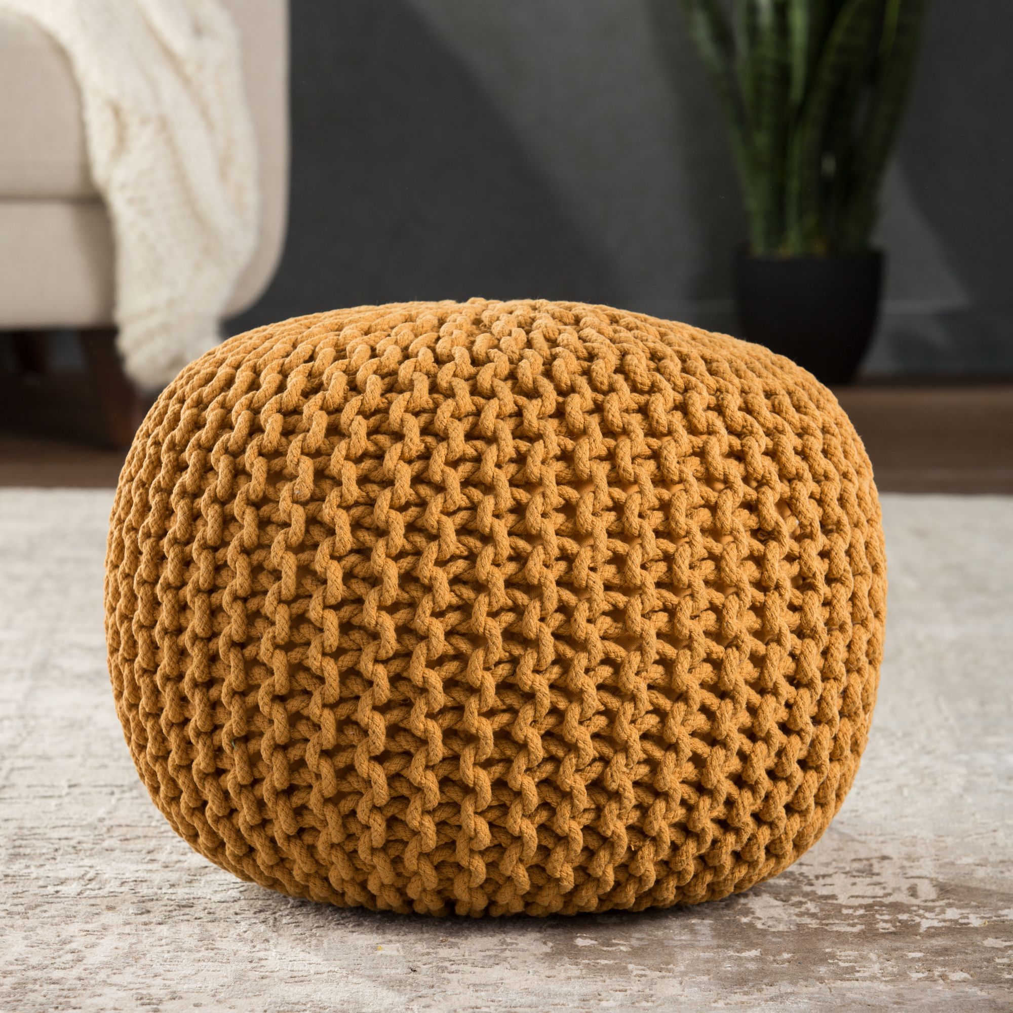 Jaipur Spectrum Pouf Textured Yellow Round Pouf Ottoman