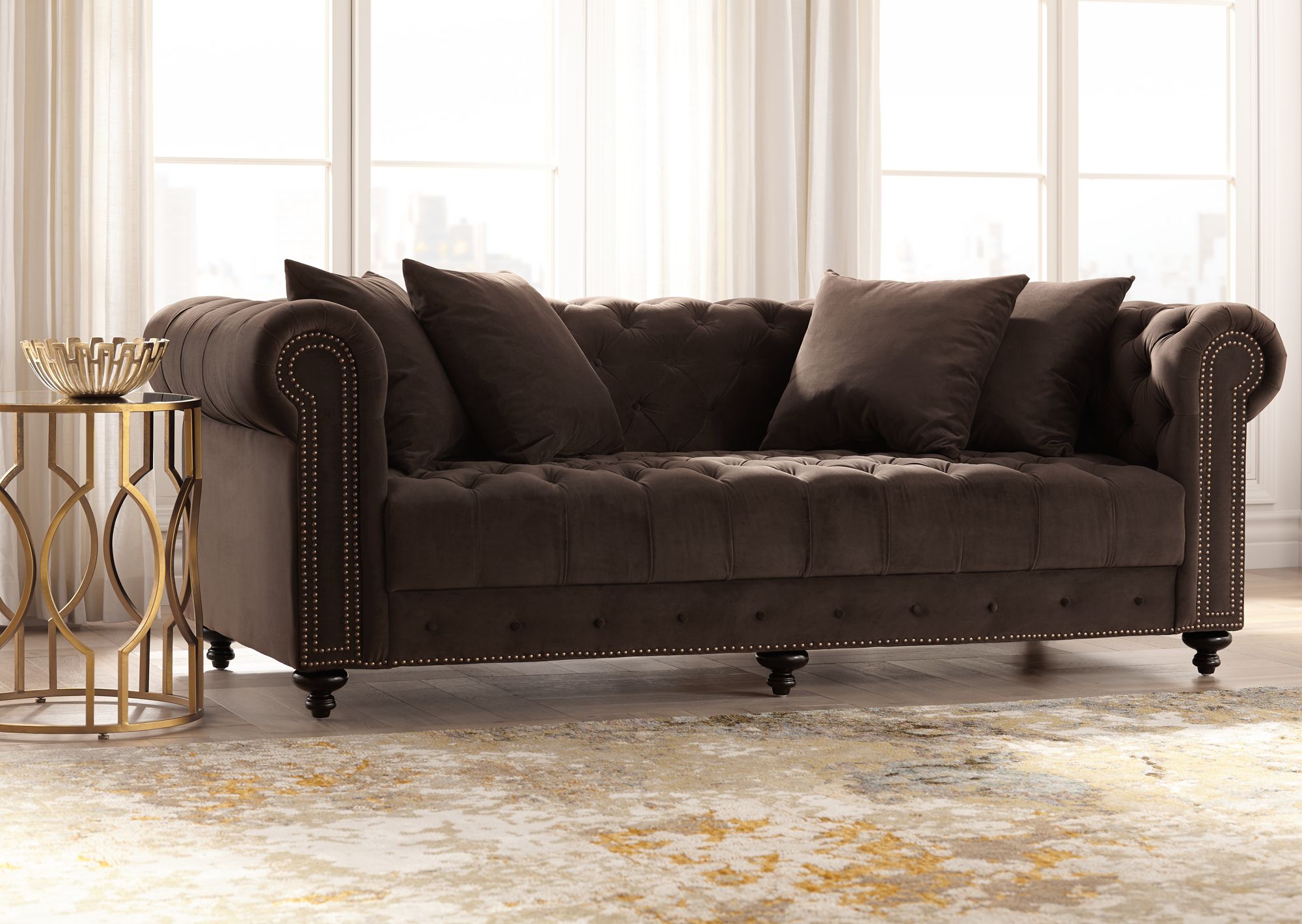Jules 90 W Chocolate Brown Velvet Tufted Chesterfield Sofa 58J03 Lamps Plus
