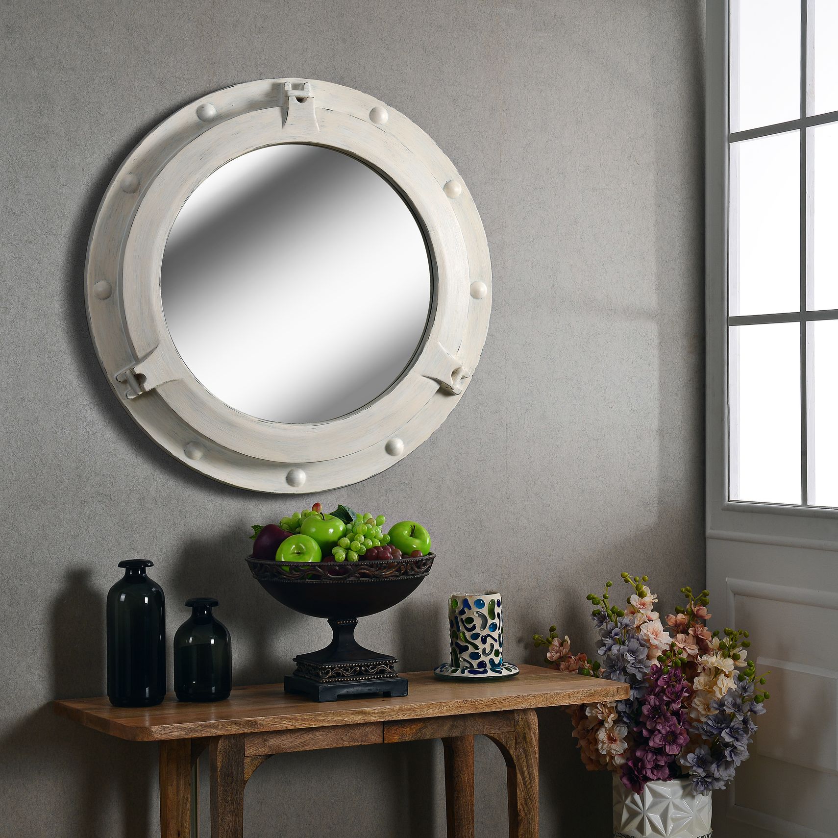 Kenroy Home Starboard Distressed White 34" Round Wall Mirror - #62F07 ...