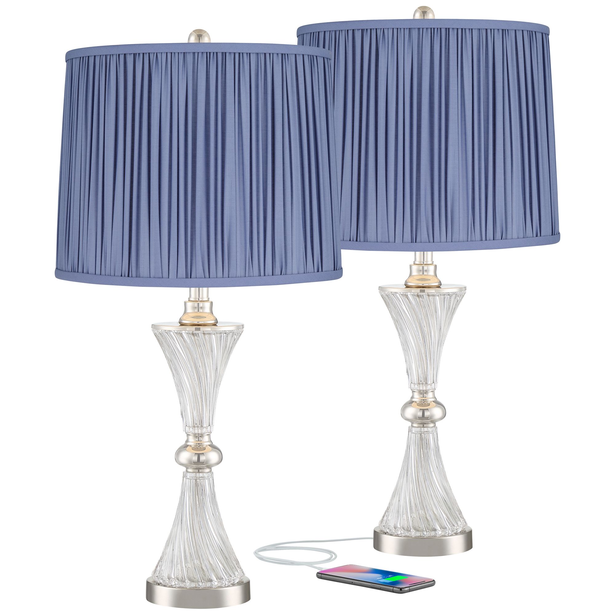 Luca Glass USB Table Lamps Set of 2 with Blue Shirred Shade - #205k3 ...