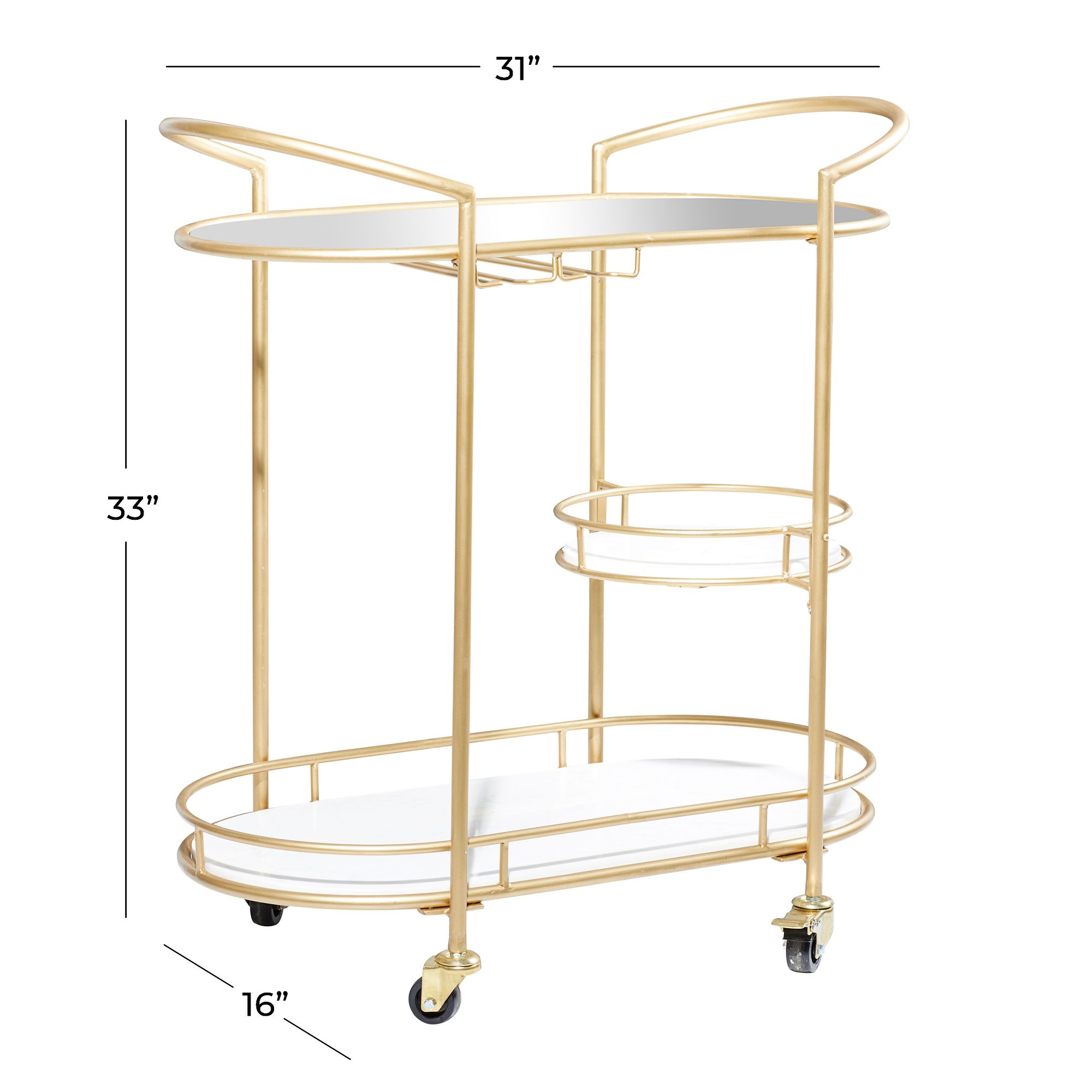 Maizie 30 3/4" Wide Gold Metal 3-Shelf Rolling Bar Cart - #6504A ...