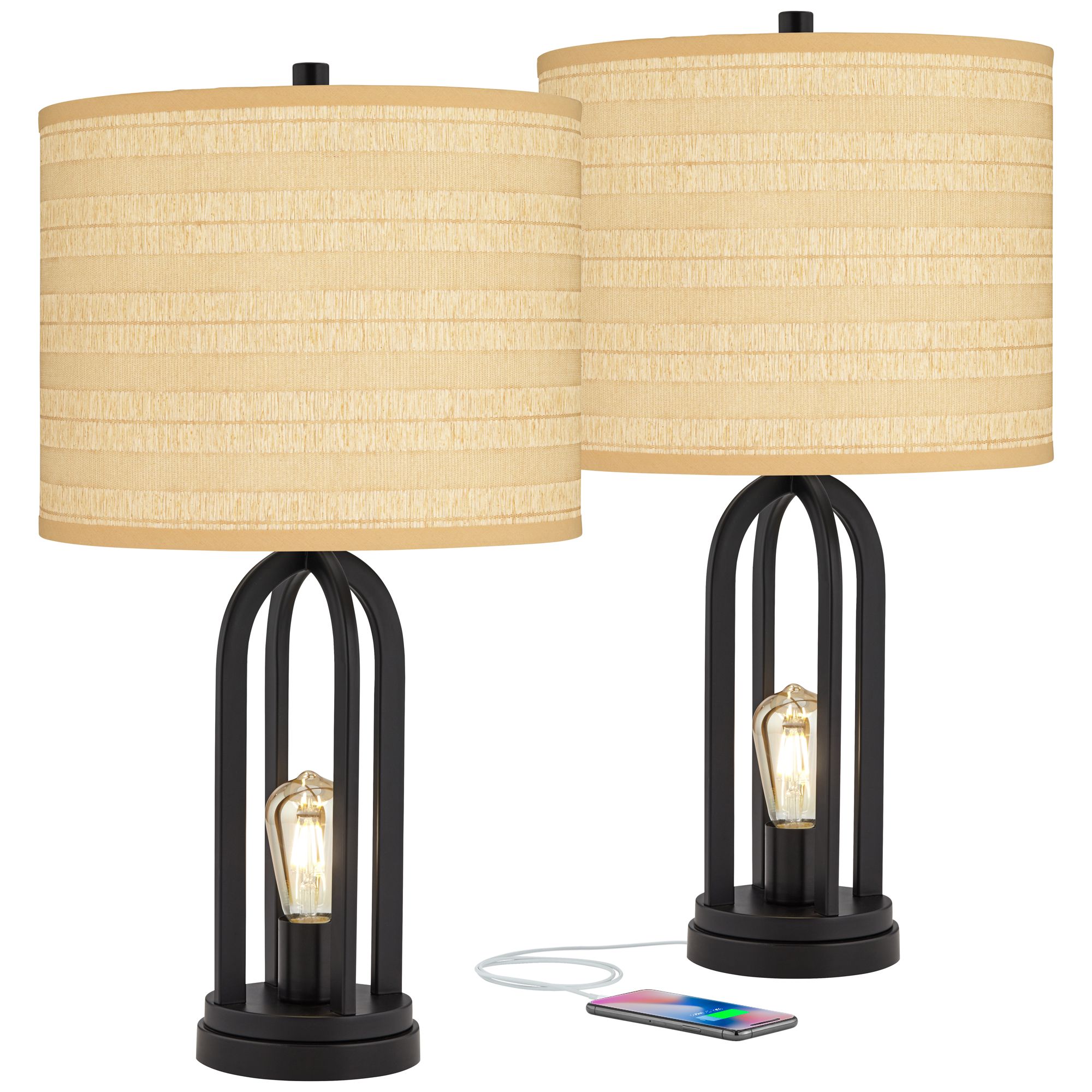 Marcel Black LED USB Table Lamps Set of 2 with Tan Shade - #179K3 ...