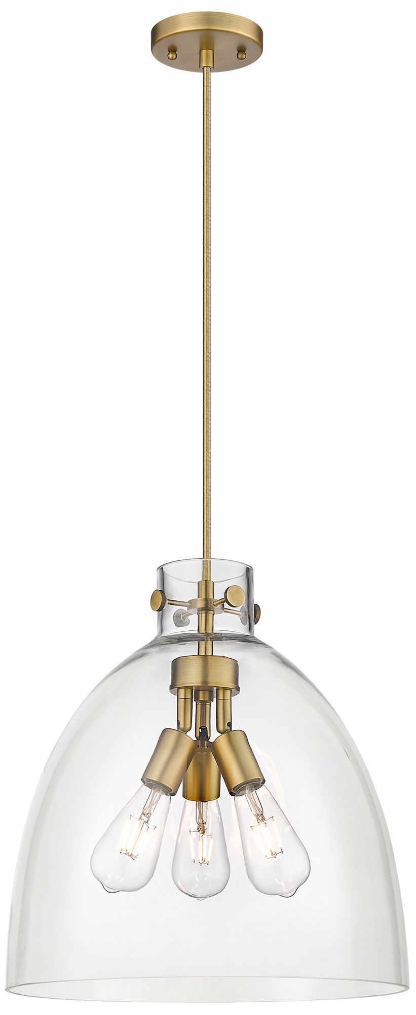 Newton Bell 16"W 3 Light Brushed Brass Cord Hung Pendant With Clear Sh ...