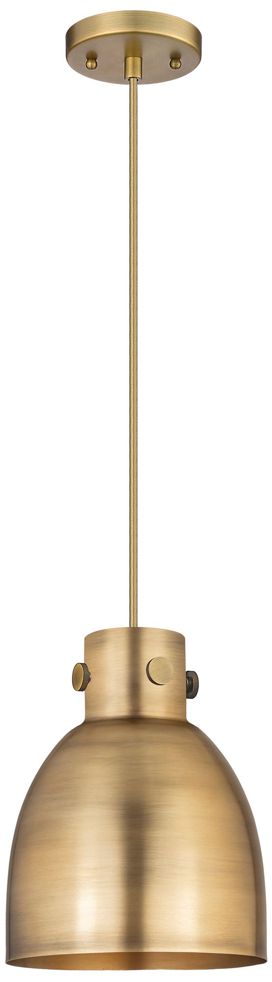 Newton Metal Bell 8"W Brushed Brass Corded Pendant w/ Brushed Brass Sh ...