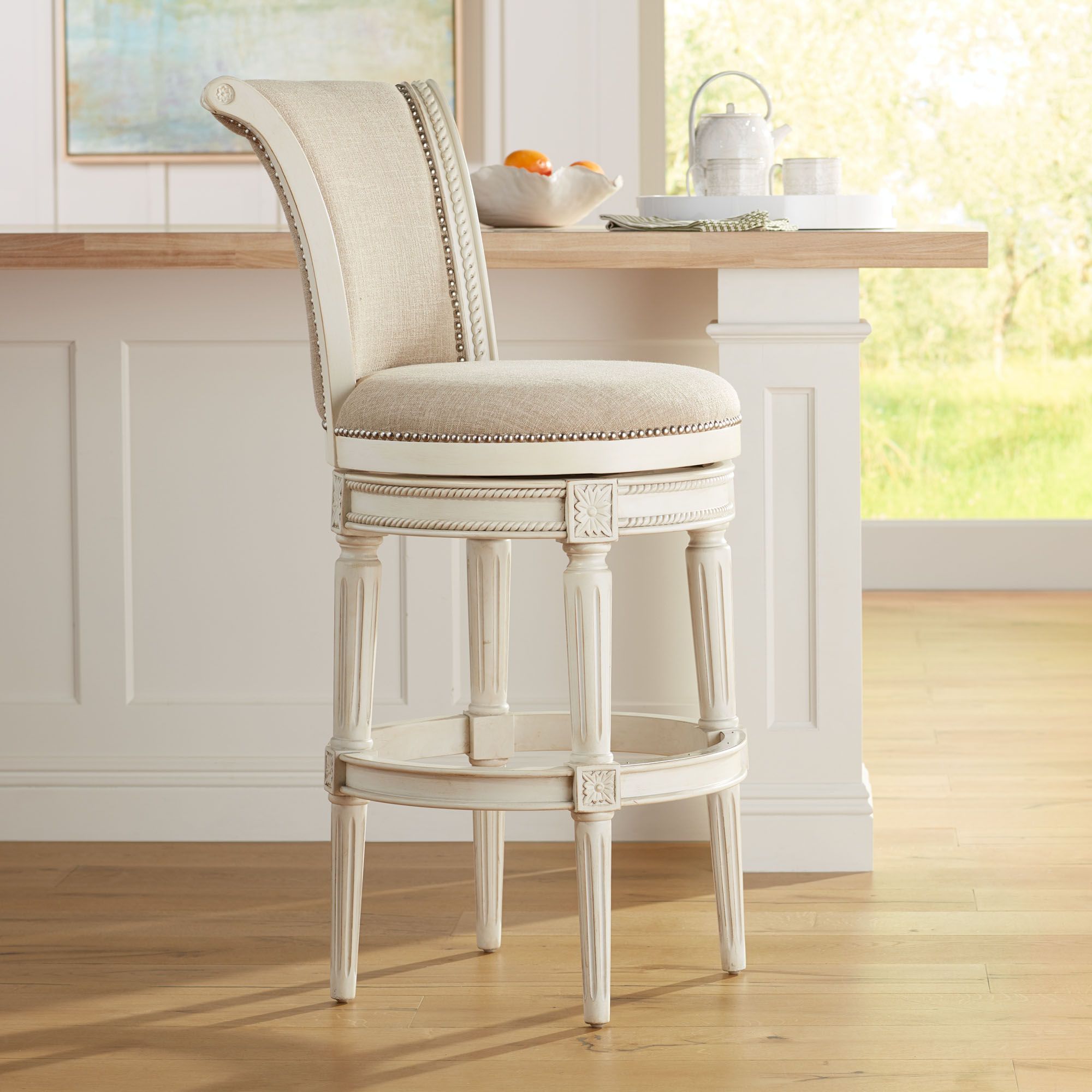 Oliver 30 1 2 High Cream Fabric Scroll Back Swivel Bar Stool 47C21 Lamps Plus