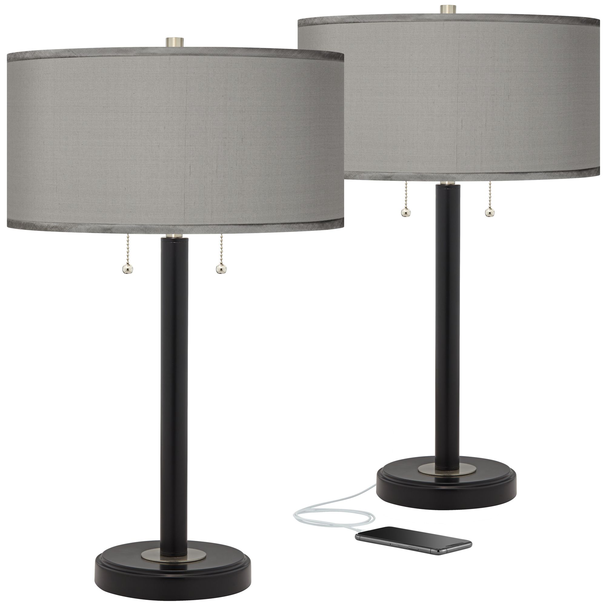 Possini Euro Cream Faux Silk and Bronze USB Table Lamps Set of 2 ...