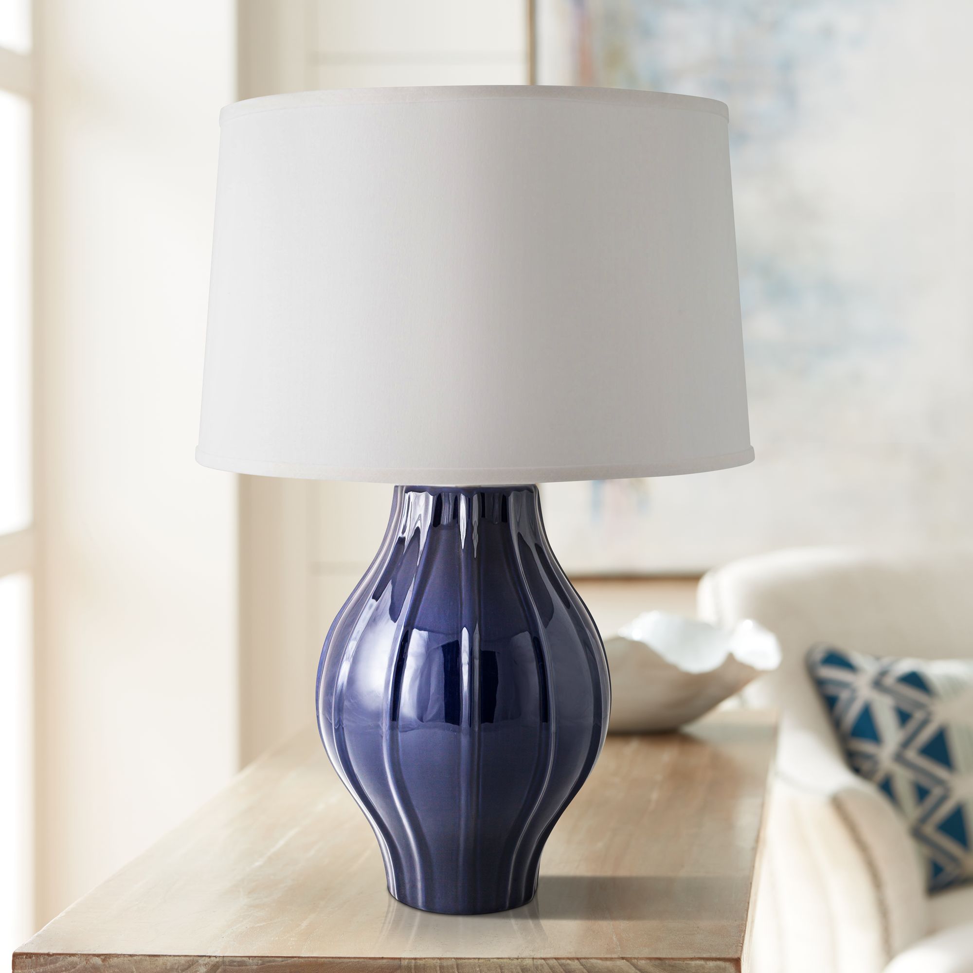 RiverCeramic 26" High Large Fluted Gloss Navy Blue Ceramic Table Lamp ...
