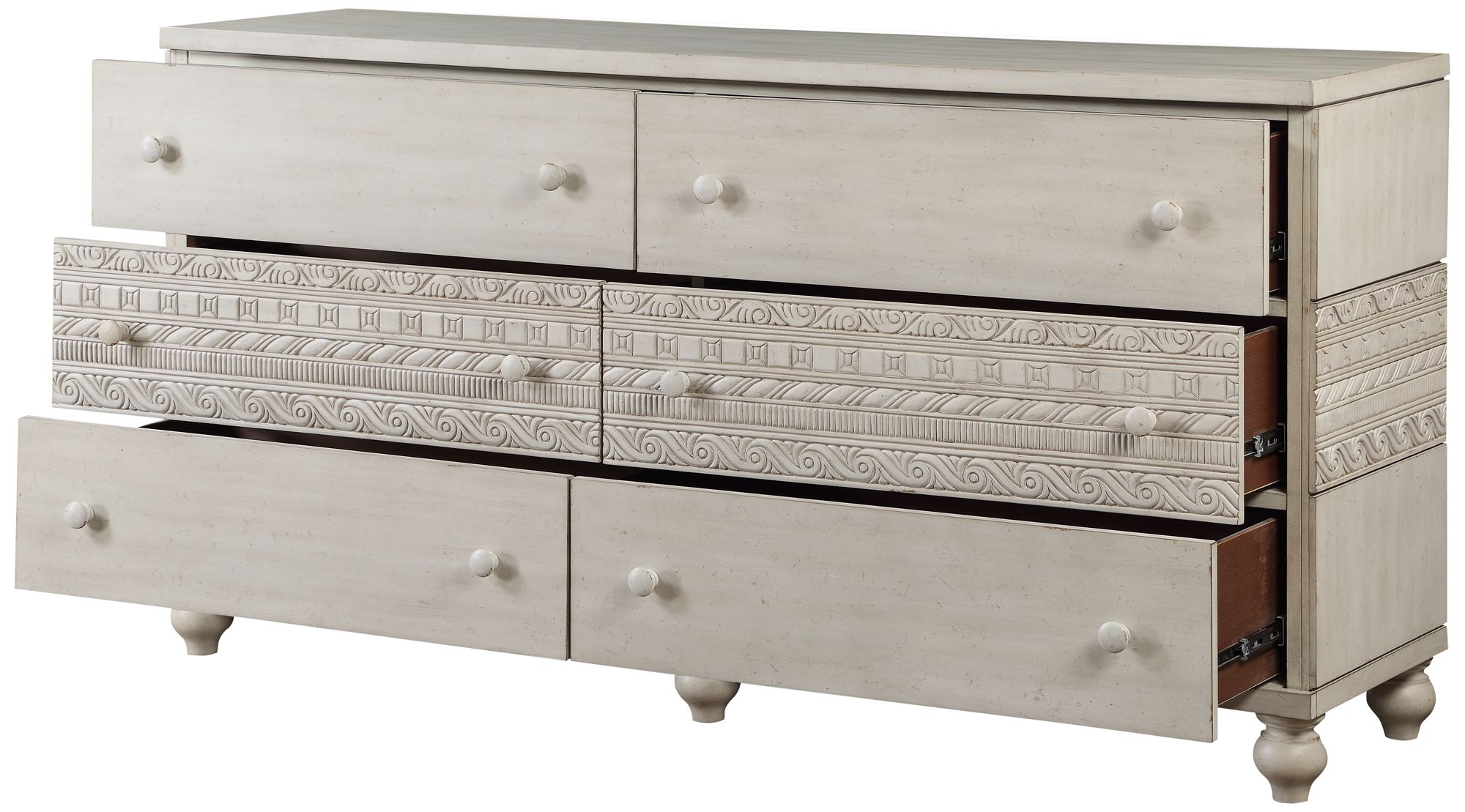 Roselyne 68" Wide Antique White Wood 6-Drawer Dresser - #594Y0 | Lamps Plus