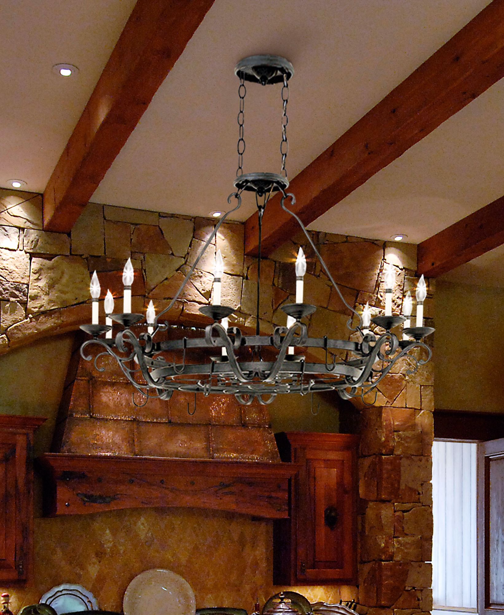 Rustic kitchen design with a natural iron pot rack chandelier. | Lamps Plus