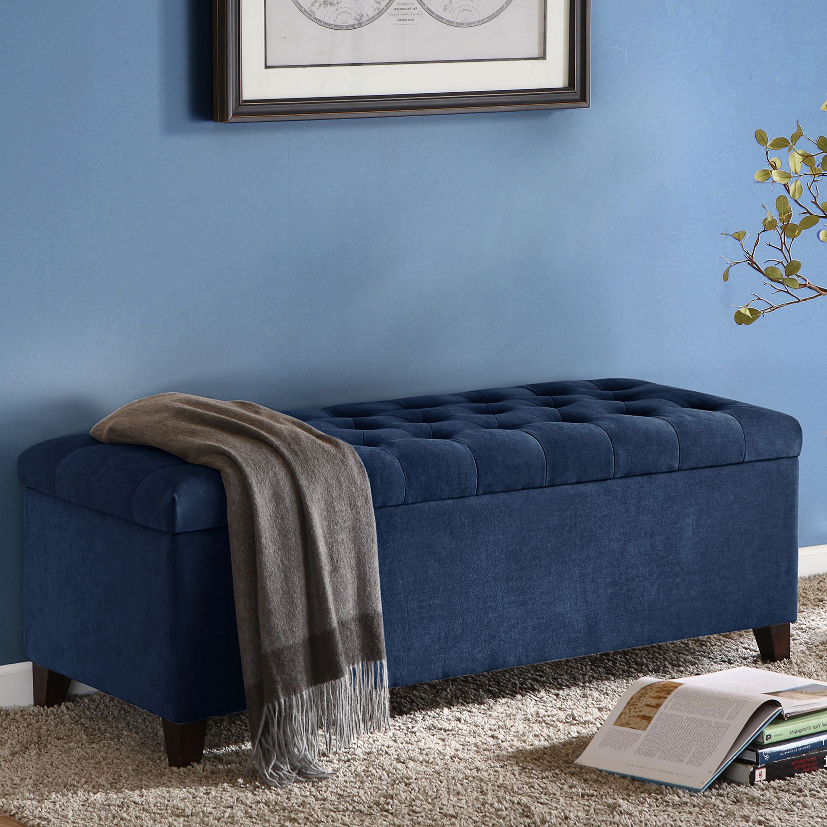 Sasha 50 1 4 Wide Navy Tufted Soft Fabric Storage Bench