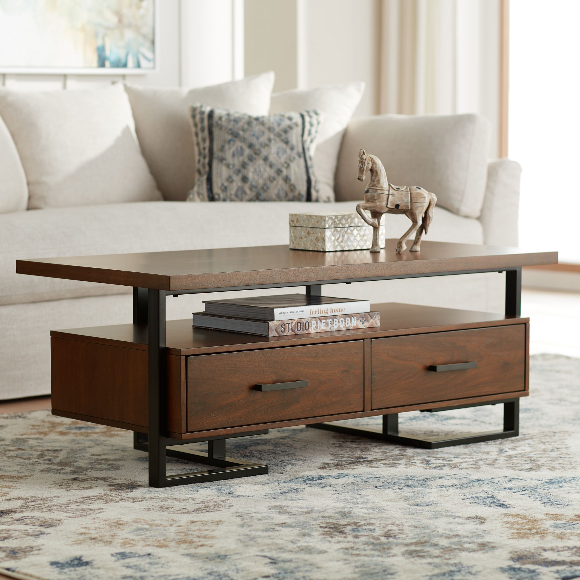 Sedley 48" Wide Walnut Veneer 2-Drawer Modern Coffee Table - #46M35 ...