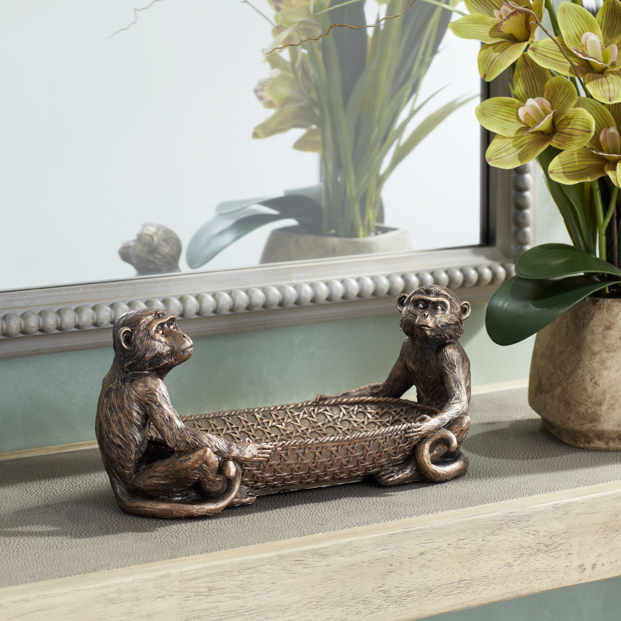 Sitting Monkeys 13 1/2" Wide Bronze Decorative Tray - #82E95 | Lamps Plus