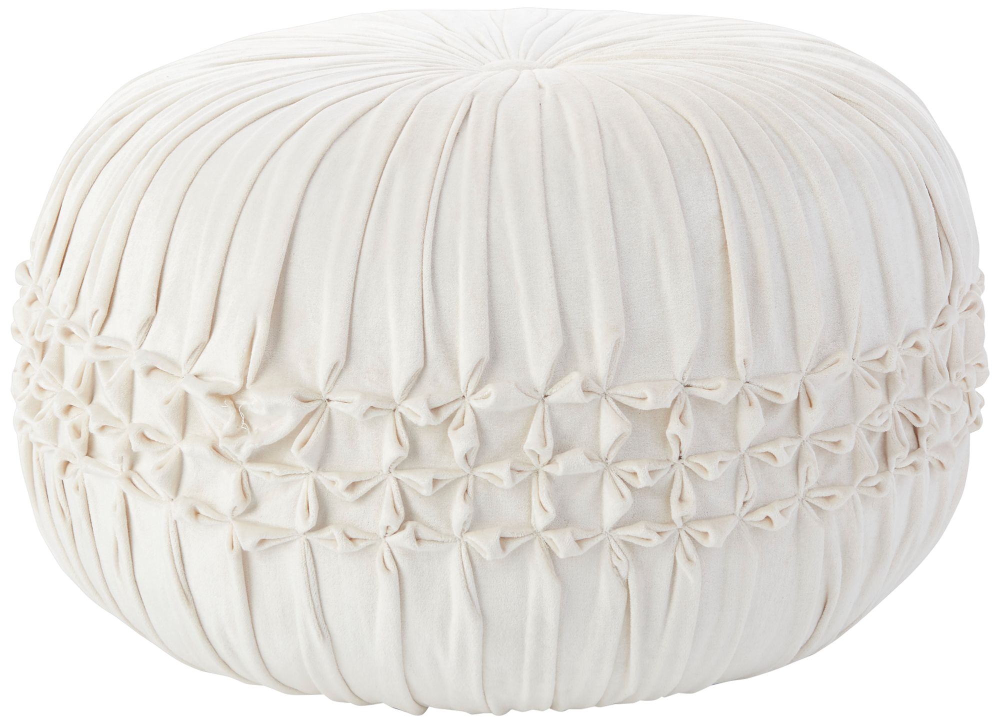 Sofia Ivory Pin Tuck Velvet Fabric Round Pouf Ottoman 207E4 Lamps Plus