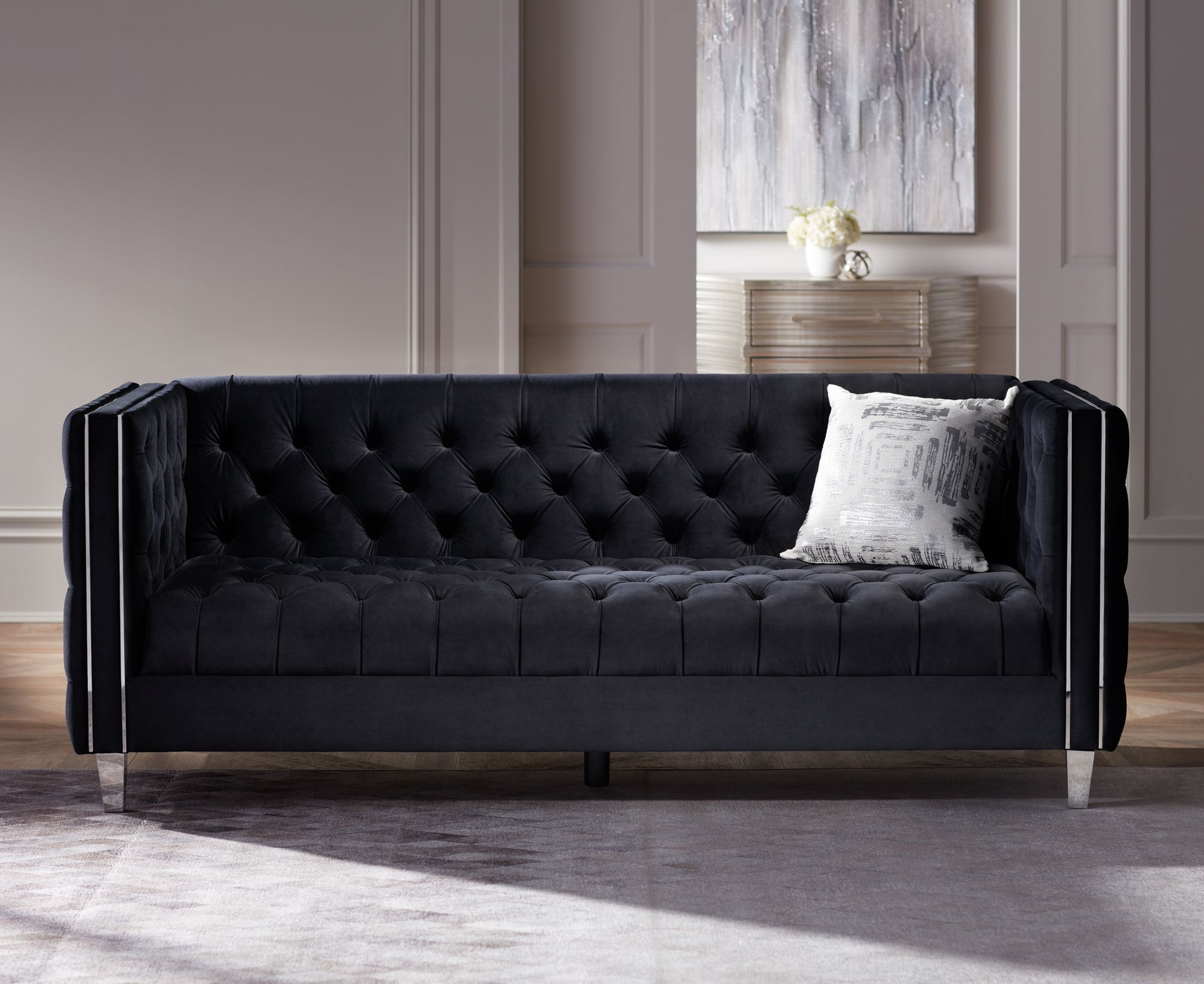 Studio 55D City 88 1 2 Wide Modern Black Velvet Tufted Sofa 79C76 Lamps Plus