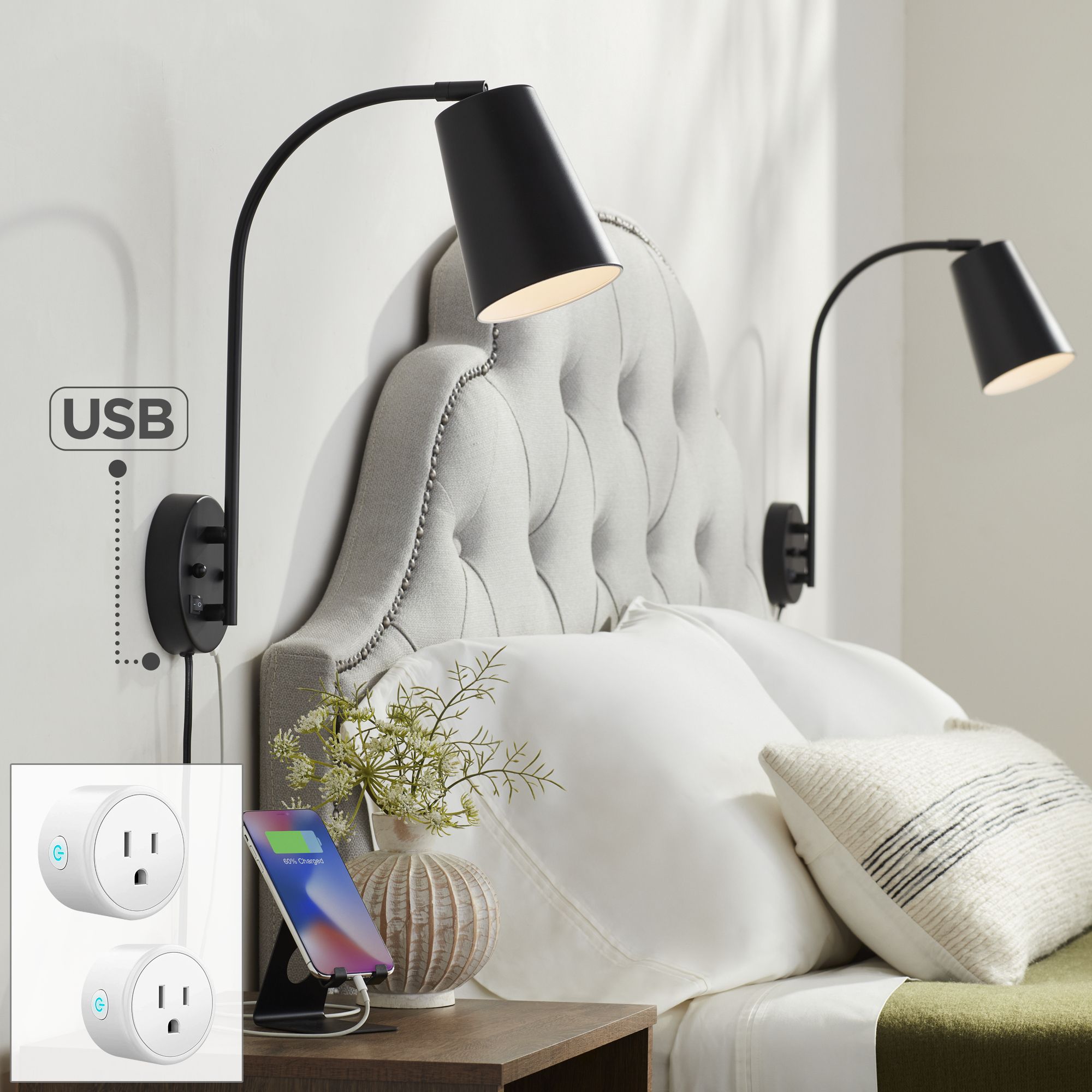 Sully Black Plug-In Wall Lamps Set of 2 with Smart Socket - #957P8 ...