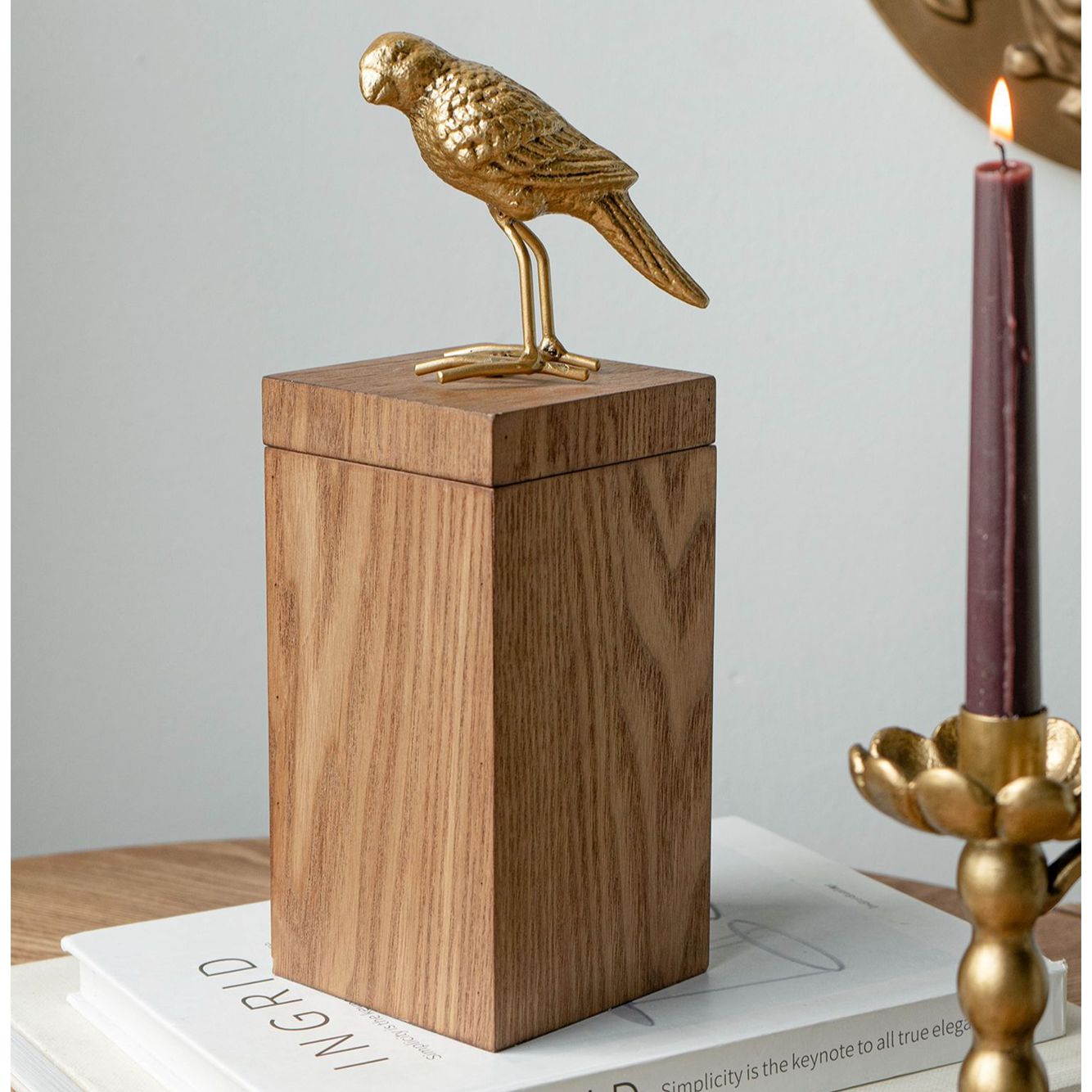 Tall Wooden Storage Box Ash Veneer & Playful Gold Bird Sculpture ...