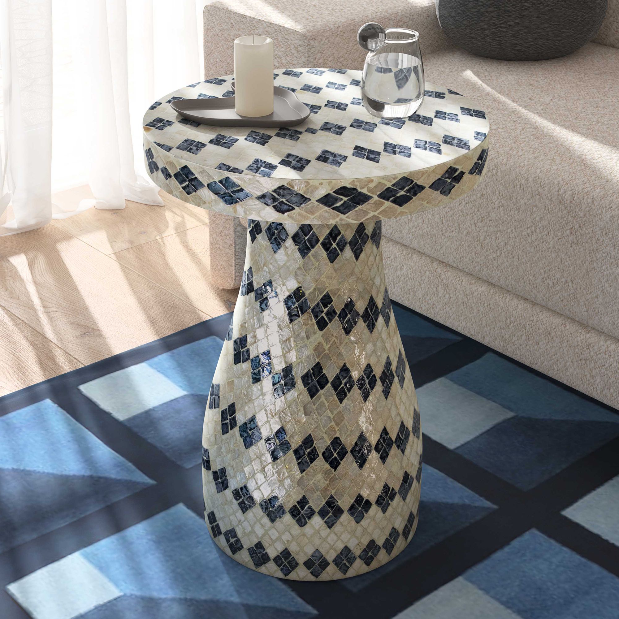 TOV Halio 18" Wide Cream Blue Checkered Shell Side Table - #4167G ...