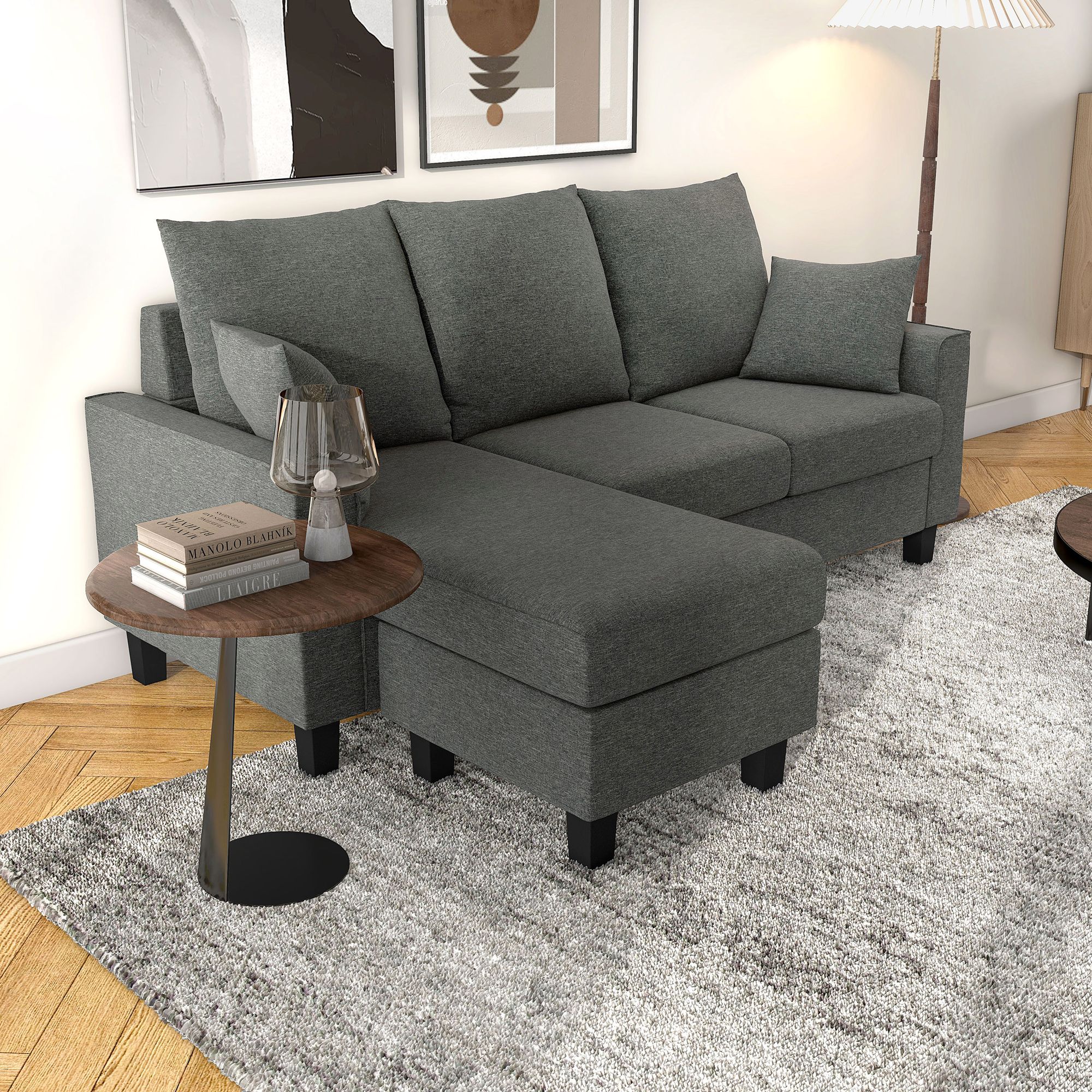 Tully 74 Wide Dark Gray Fabric L Shaped Sectional Sofa